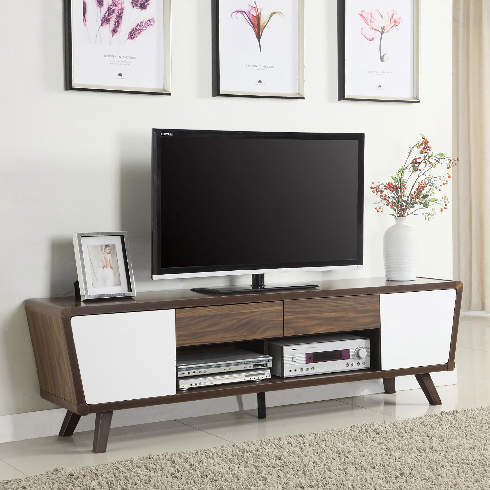 George Oliver Dark Walnut And Glossy White 2-Door TV Console | Wayfair