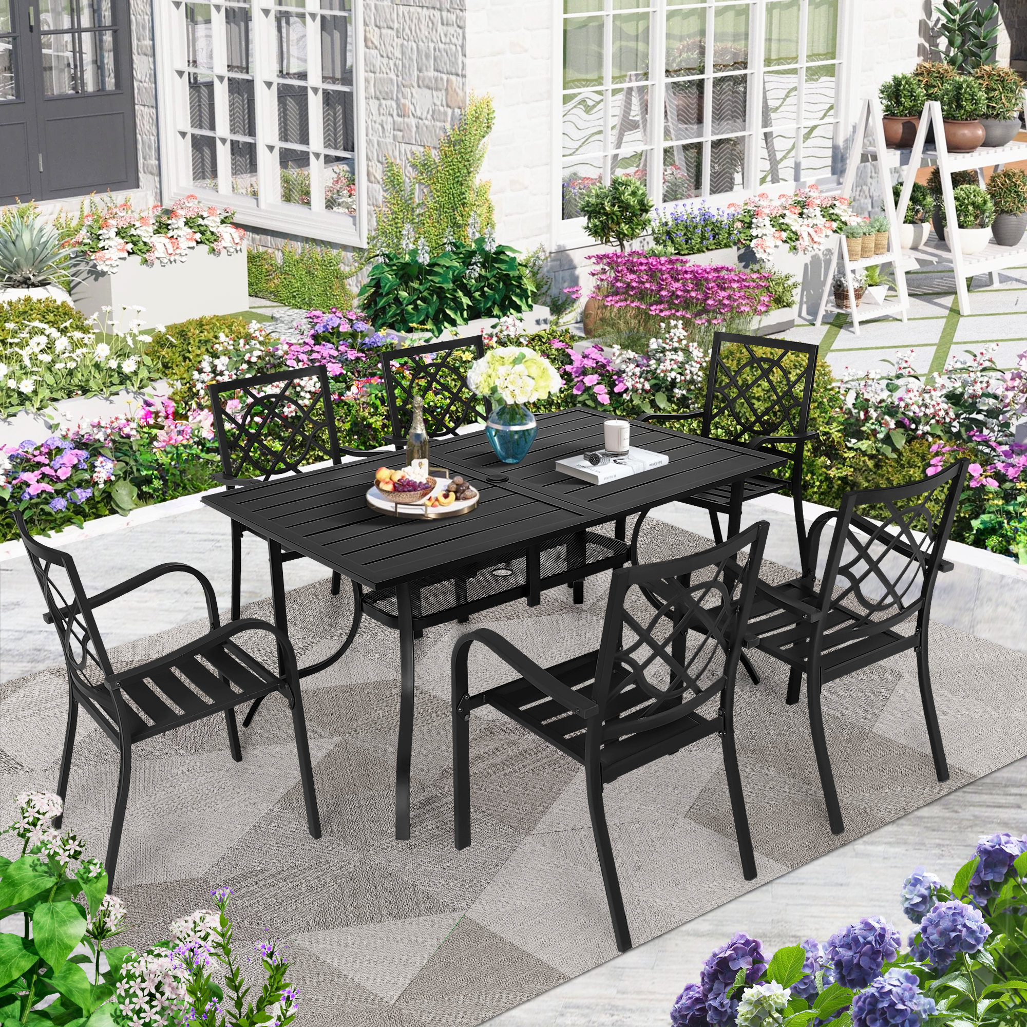 Winston Porter Jayc 7-piece Outdoor Wrought Iron Patio Dining Set With ...