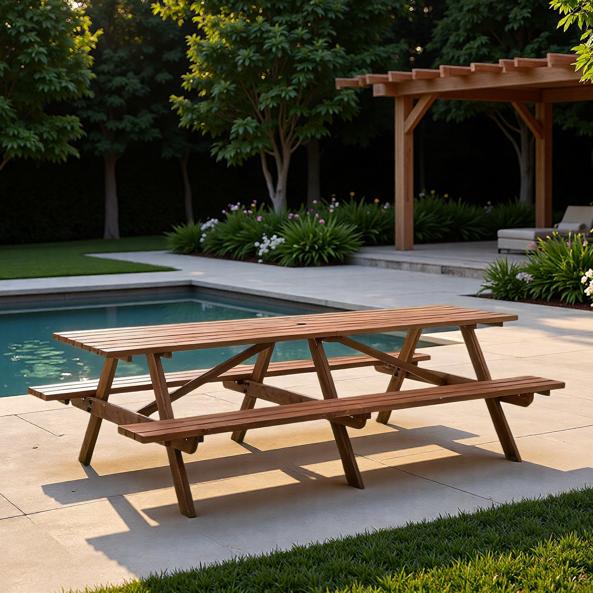 Gracie Oaks 12-person Wooden Patio Table With Benches And Umbrella Hole ...