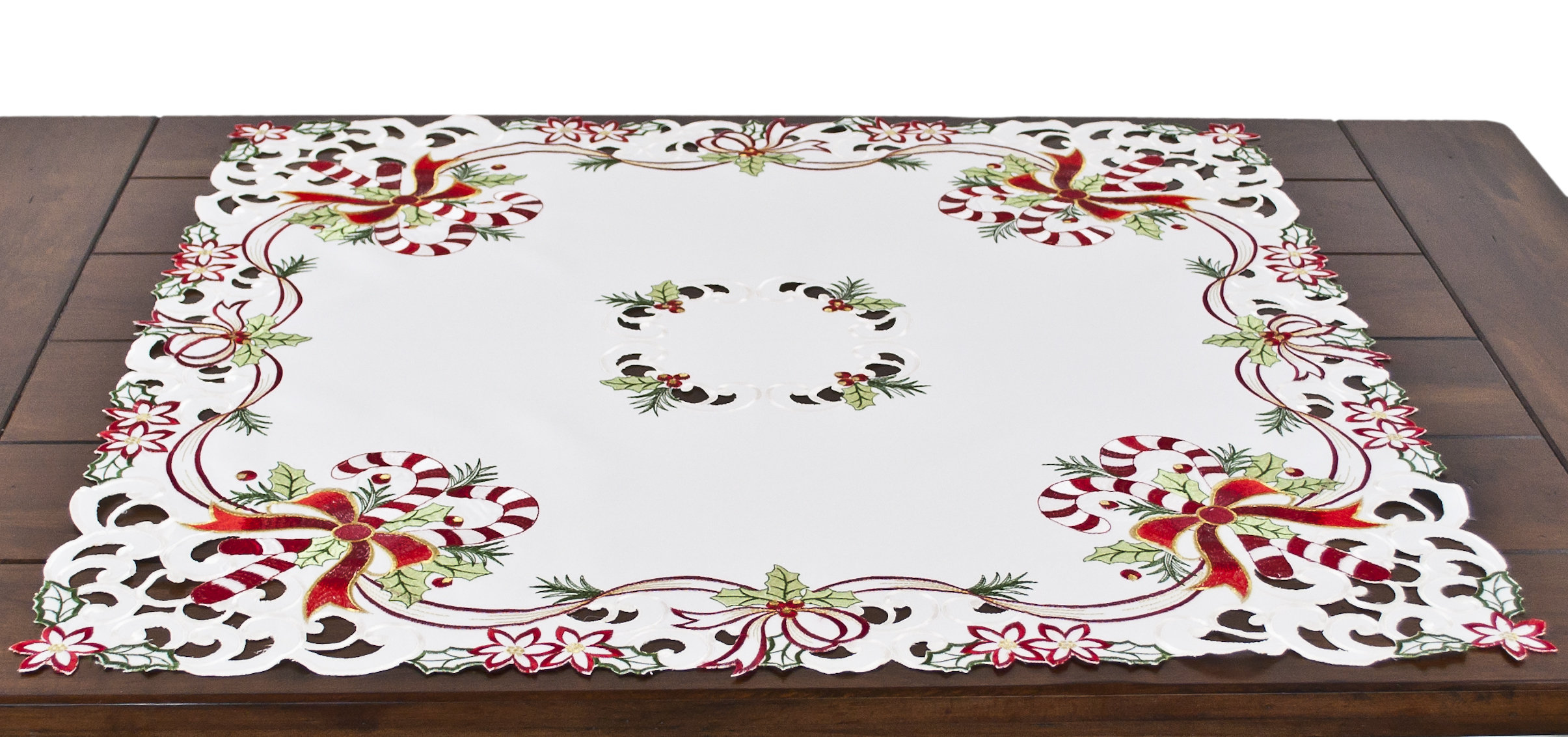 The Holiday Aisle® Julyus Candy Cane Holly Leaves Table Topper (33 ...