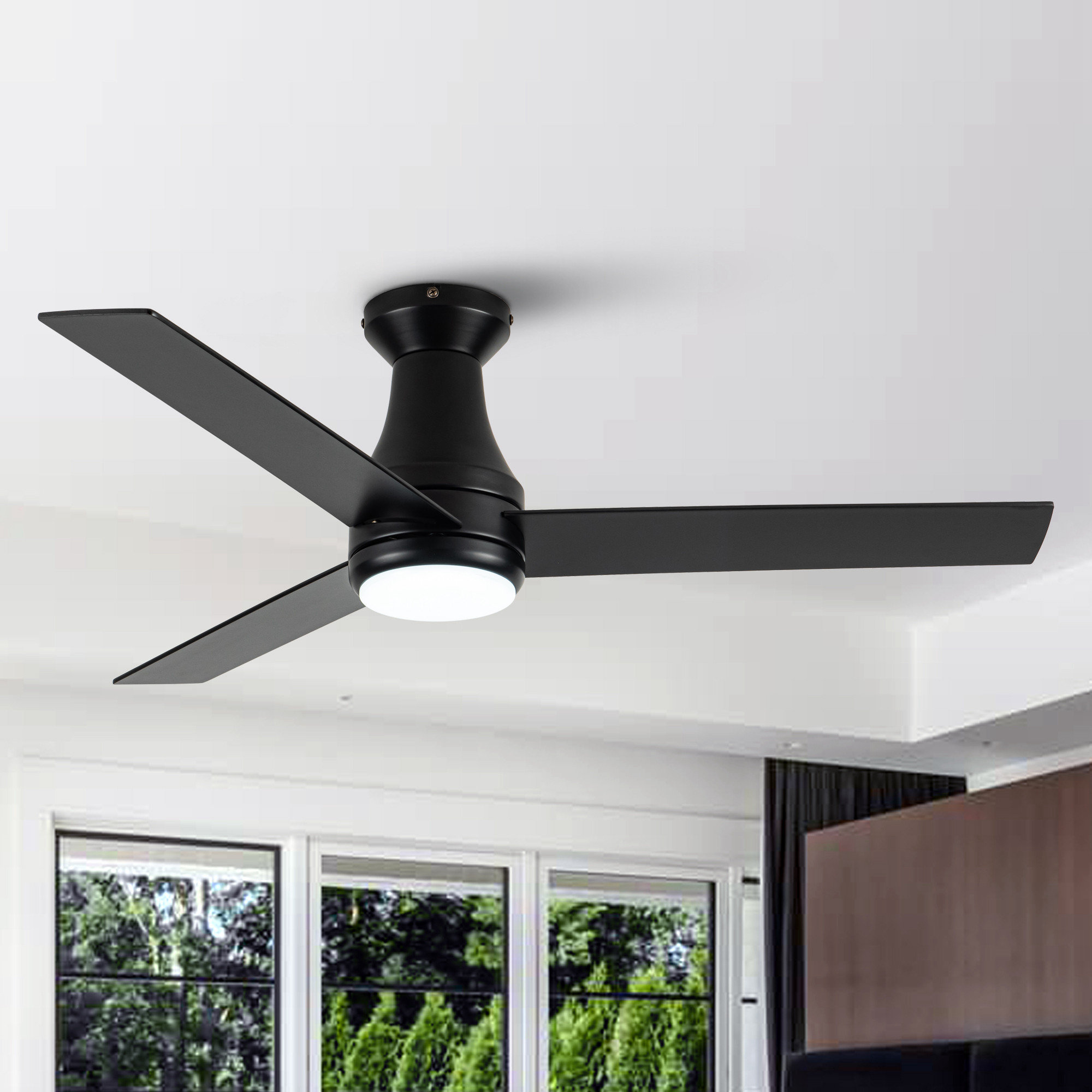Vaczon 48" 3 - Blade Modern Black Flush Mount Ceiling Fan with LED ...