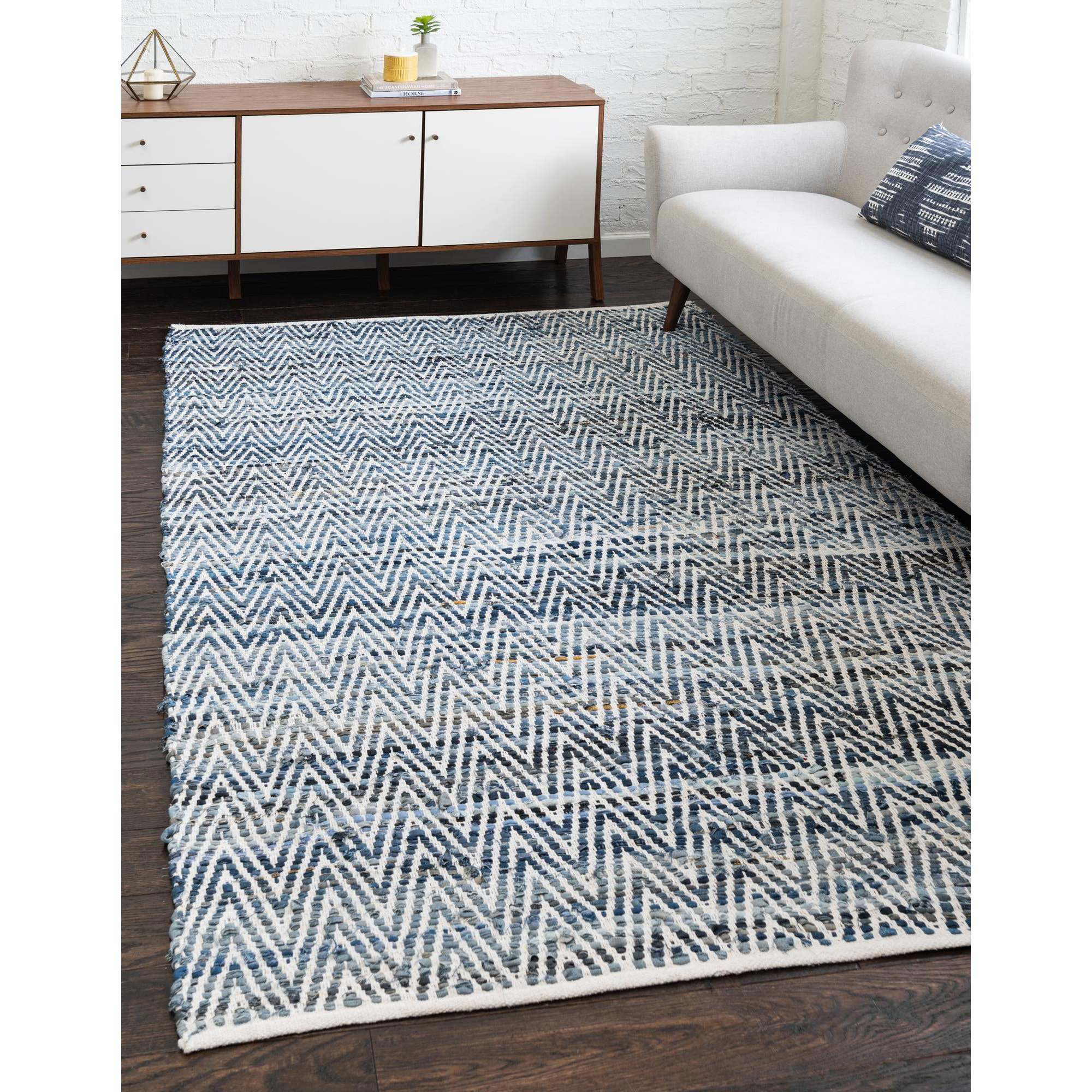 Ebern Designs Skila Chevron Handmade Flatweave Cotton Blue/Grey/White ...