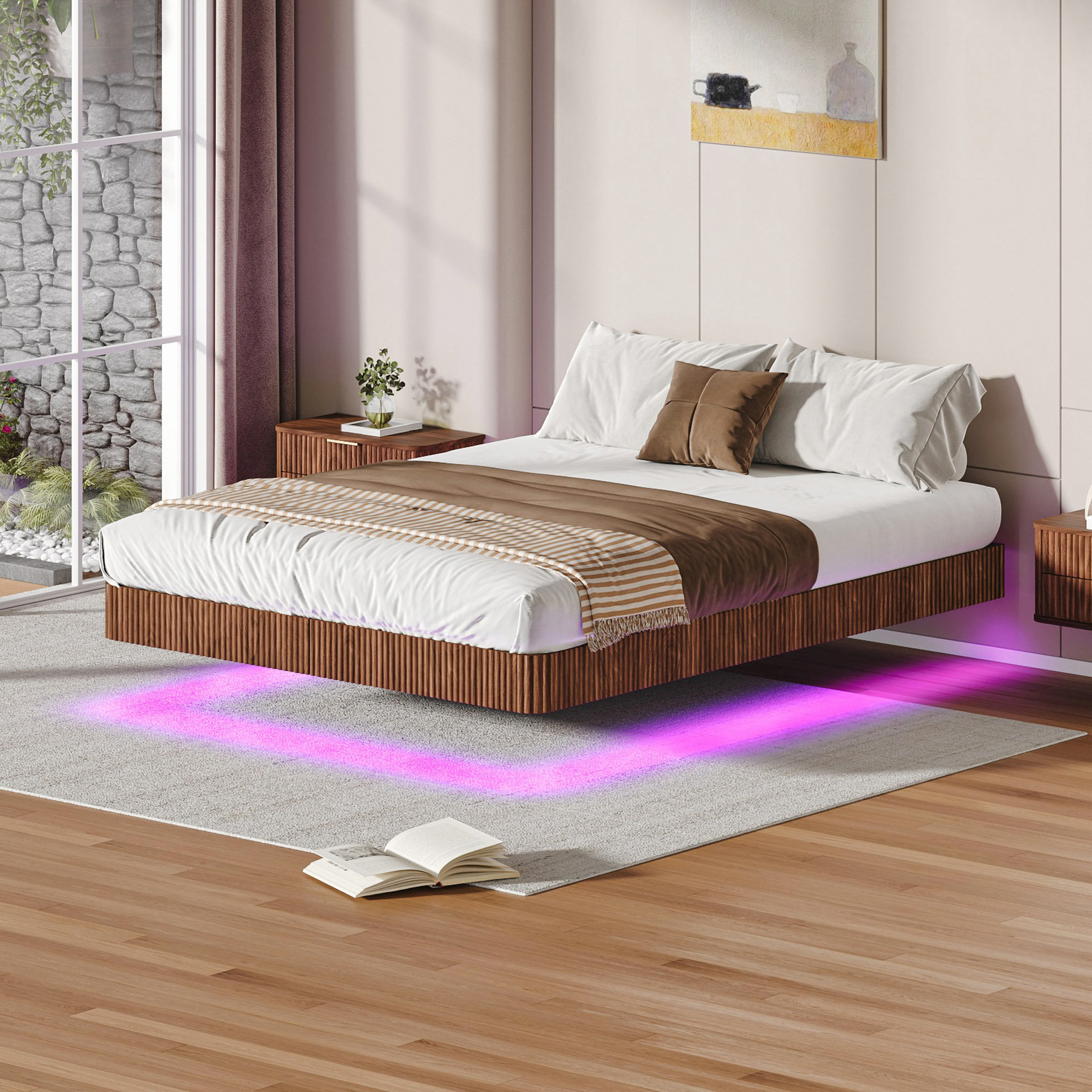 Wrought Studio™ Floating Bed Frame With LED Lights, Wave Curve Wood ...