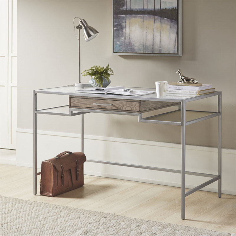 Orren Ellis Metal Writing Desk With Tempered Glass Top, Modern Style ...