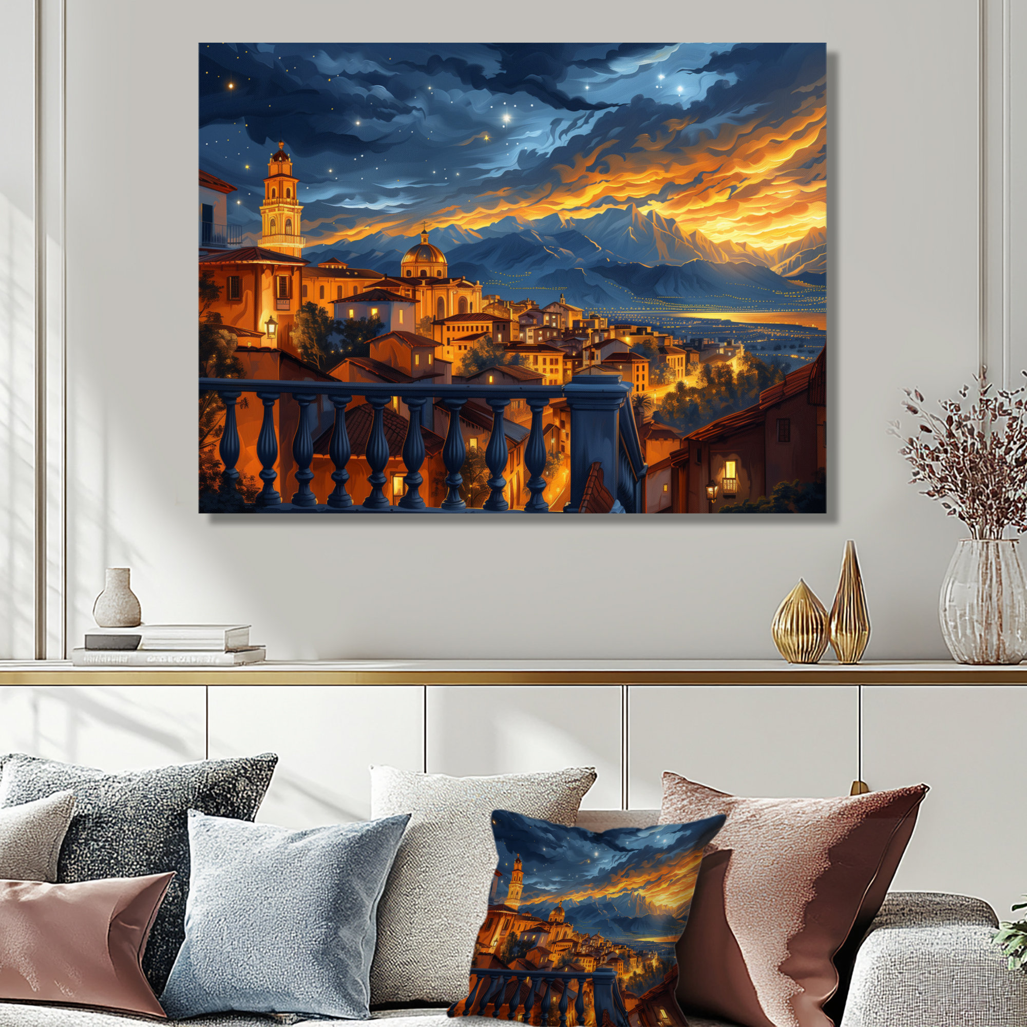 Design Art Santiago Starry Night City Gaze - City Buildings Wall Decor ...