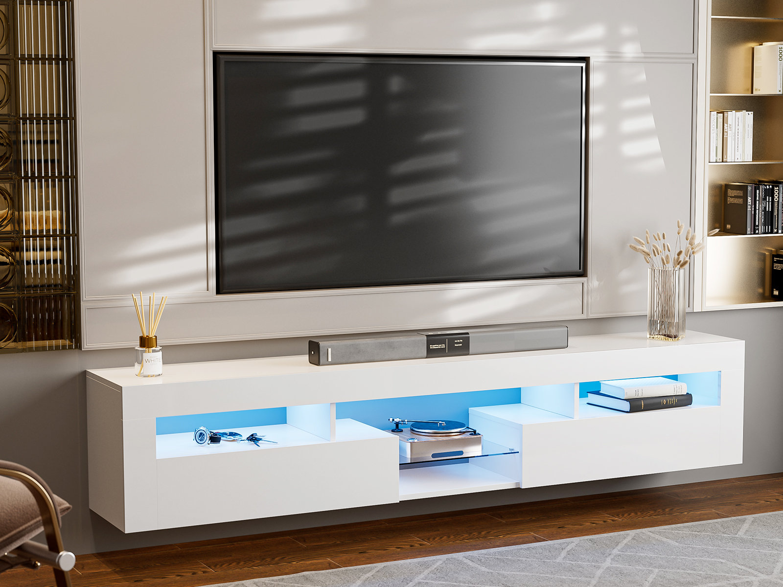 Ivy Bronx Led Floating Tv Stand For 85 Inch Tv, White High Glossy Wall ...