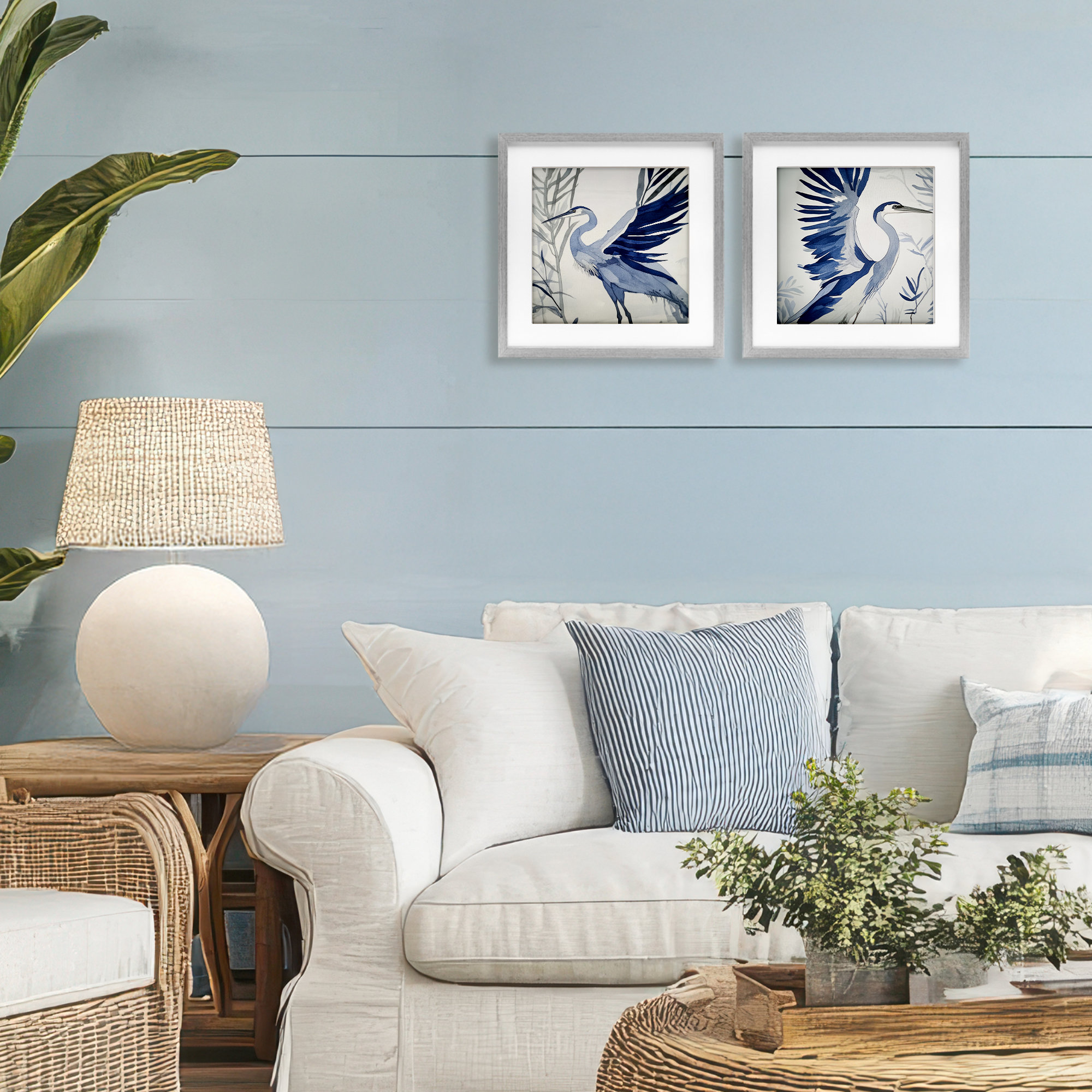 Dovecove Whimsical Blue Beach Birds 2pc Framed Print Under Glass Set ...