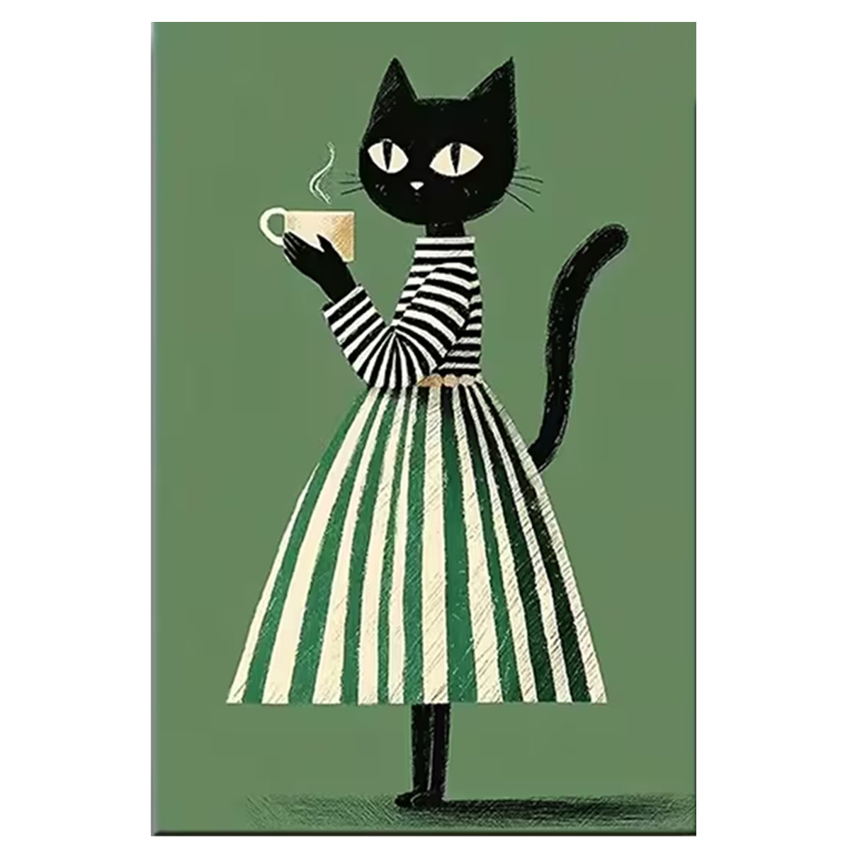 George Oliver 1Pc Retro Black Cat In Striped Dress Wall Art - Green ...
