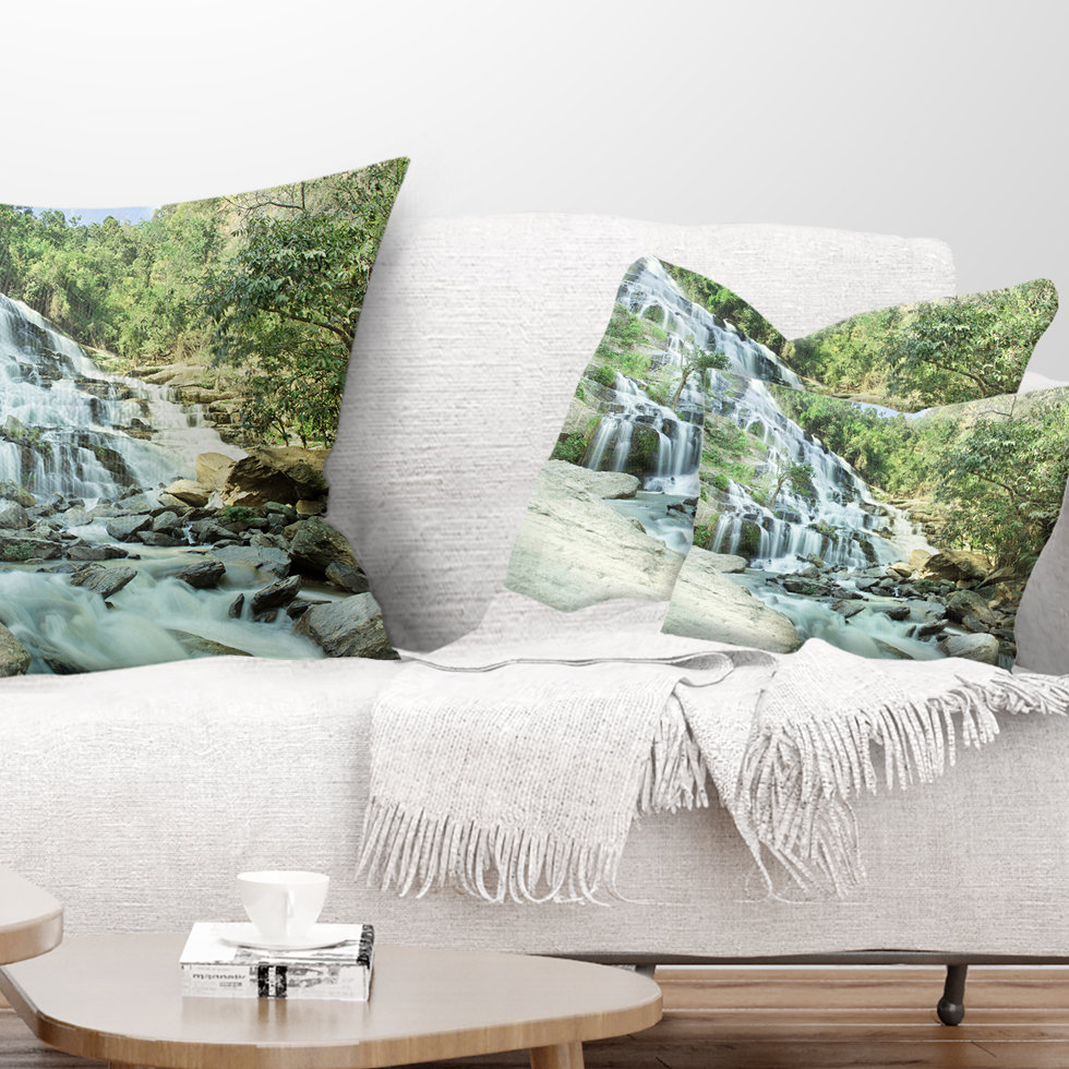 Design Art Maeyar Waterfall in Rain - Landscape Printed Throw Pillow ...