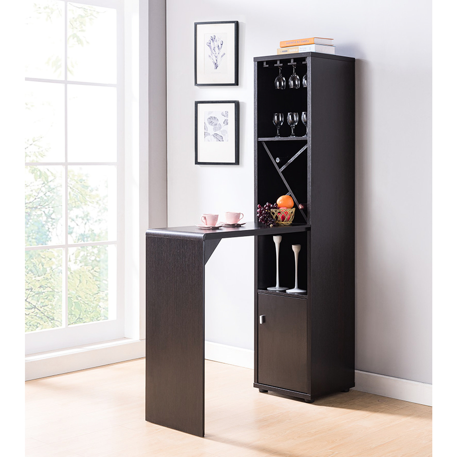 Latitude Run® Kitchen Cabinet With Wine Bottle And Glass Storage, Open ...