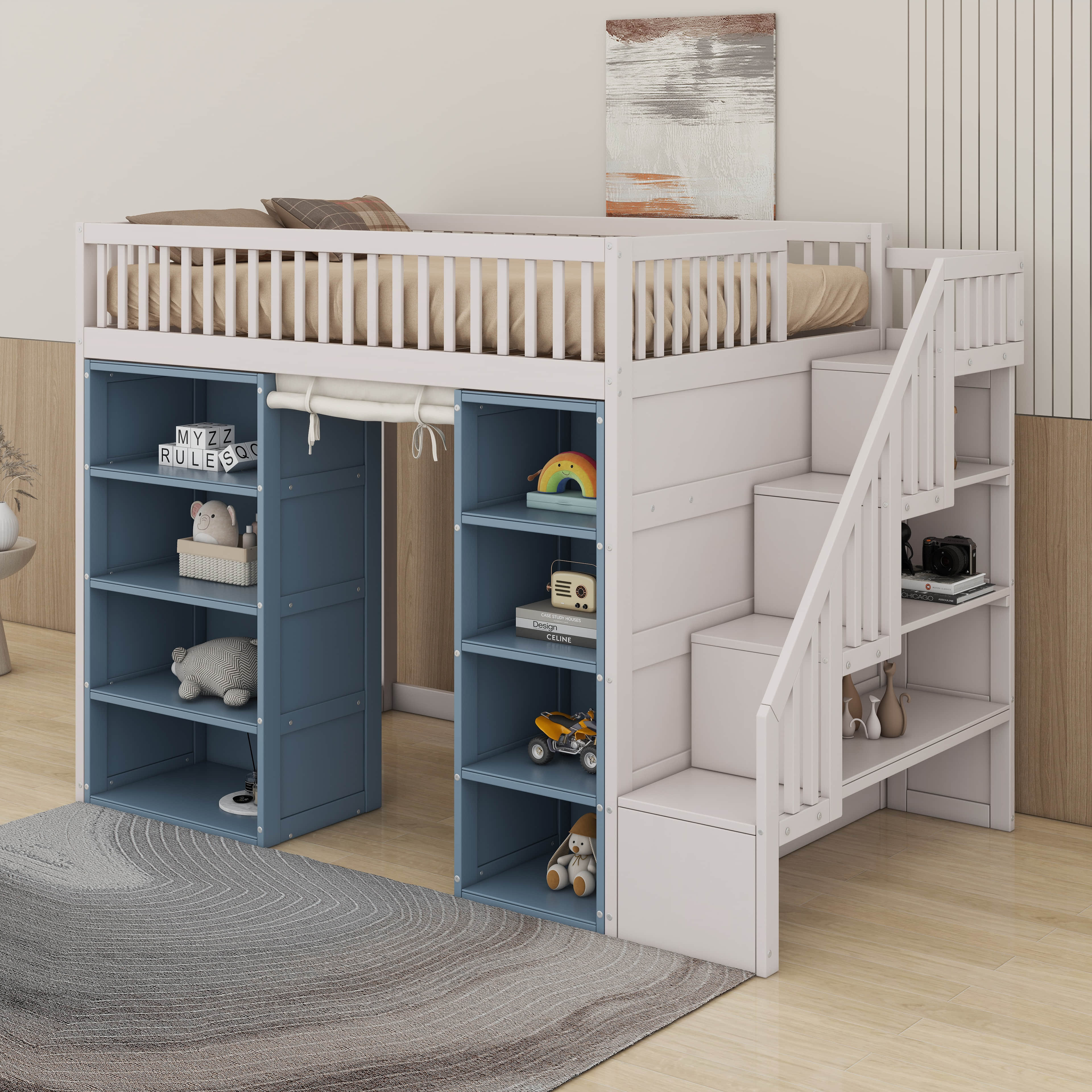 Harriet Bee Full Size Loft Bed With 2 Four-Layer Storage Cabinets And ...