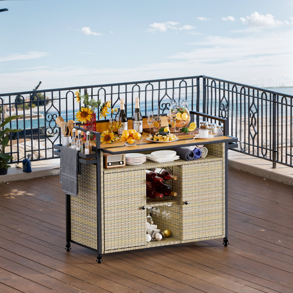 Bay Isle Home™ Asaria XL Outdoor Kitchen Wicker Island Rolling Cart Bar ...