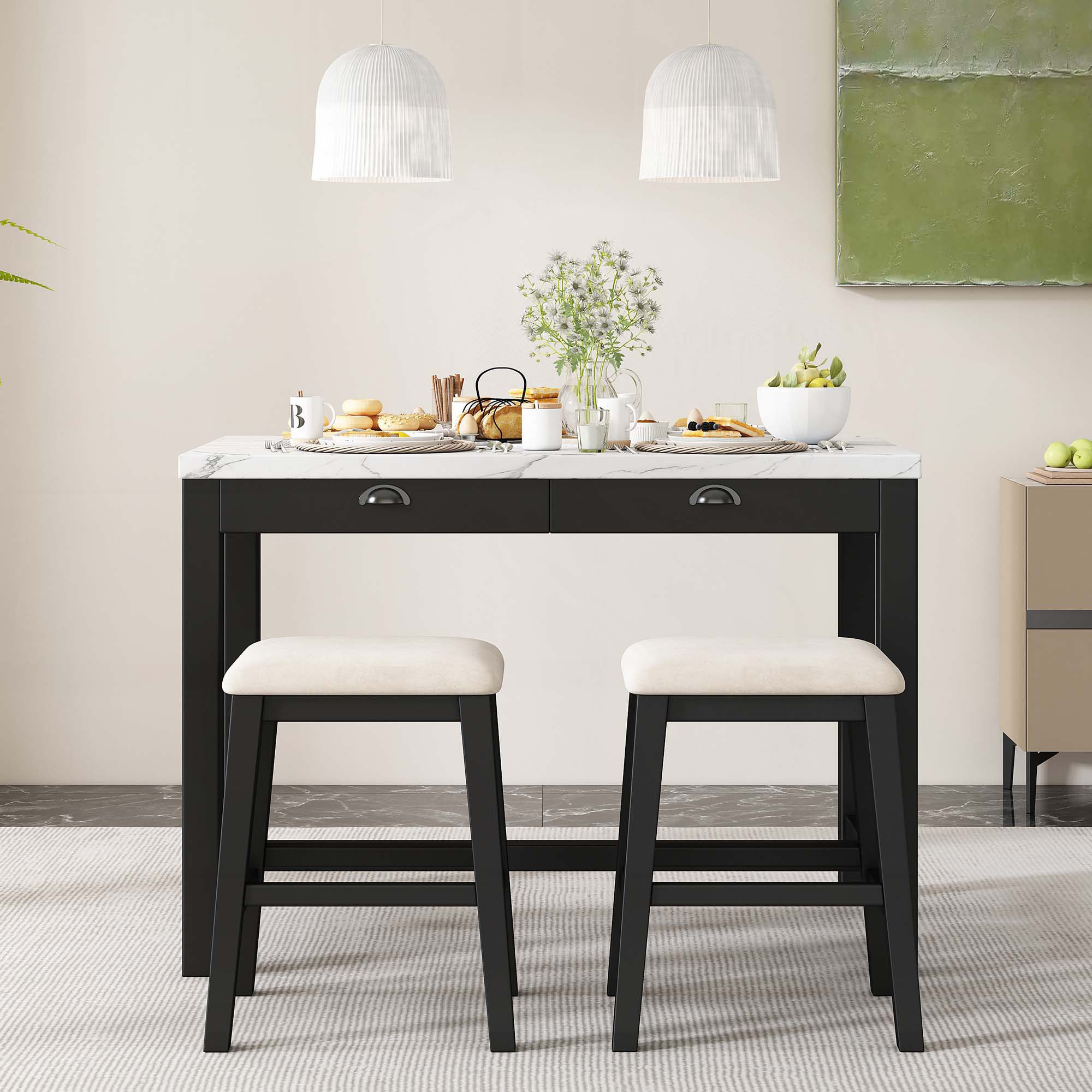 Winston Porter Modern Faux Marble Versatile Bar Table Set with Storage ...