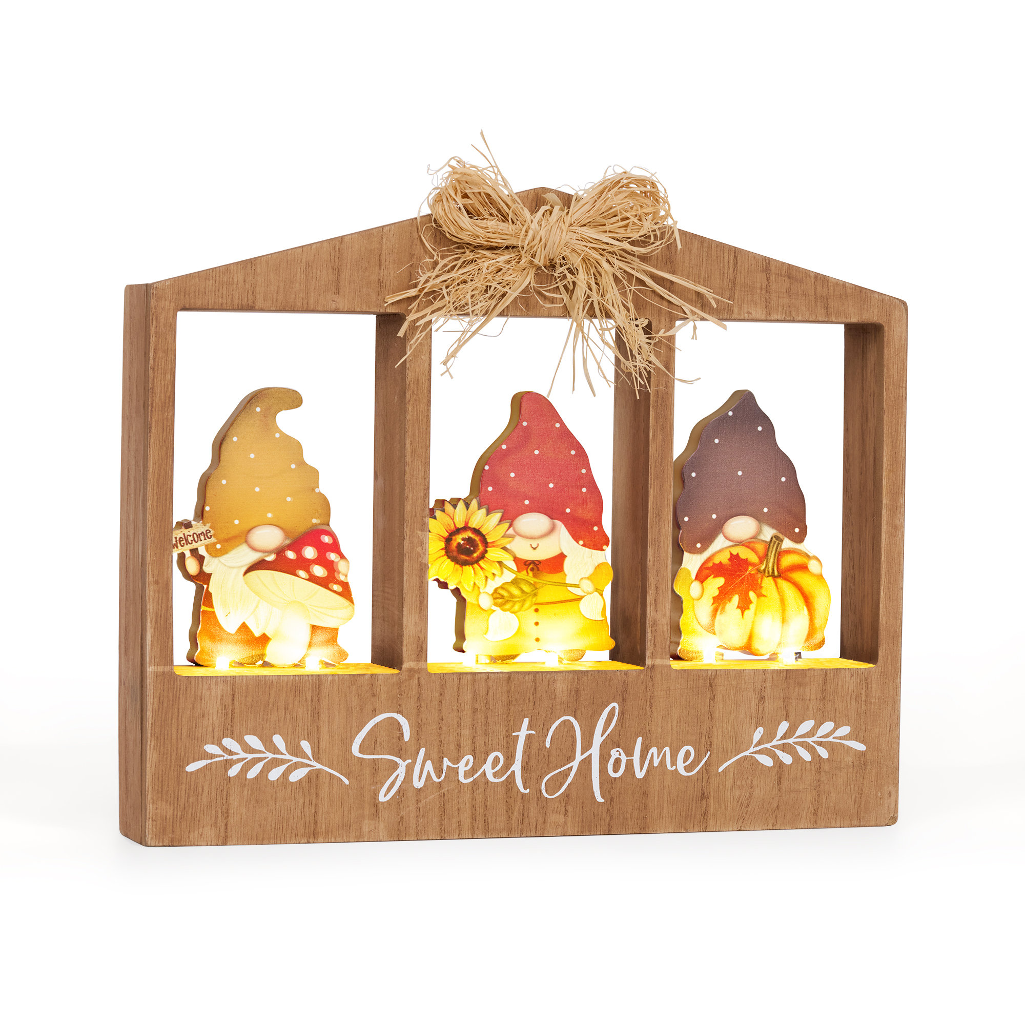 The Holiday Aisle® Fall Handcrafted Wooden Gnomes Table Decor With Raffia Bow | Wayfair