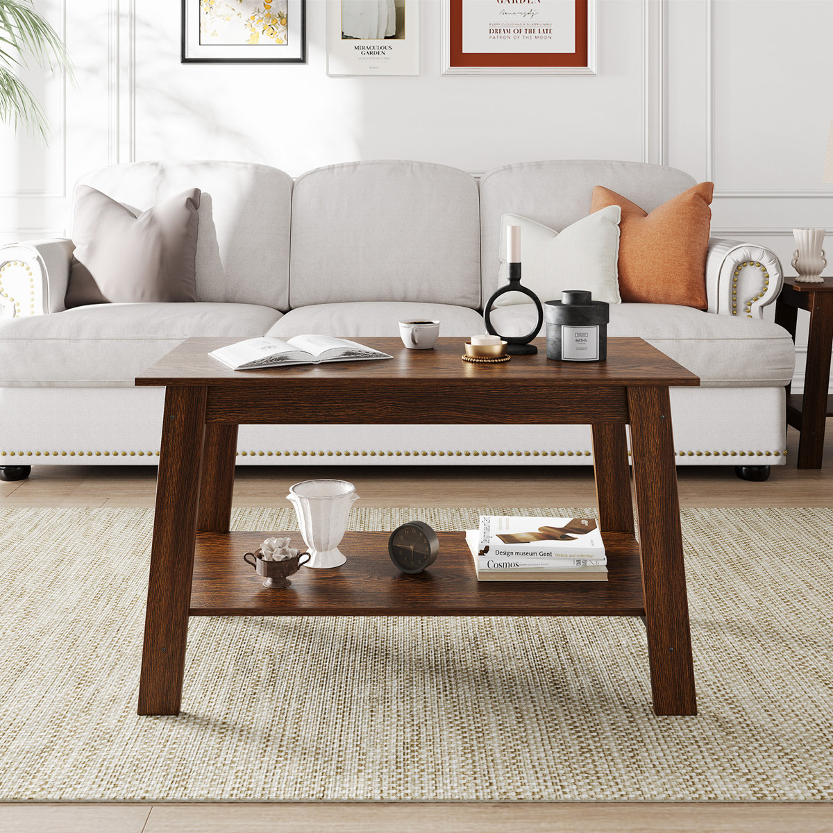 Winston Porter Modern Farmhouse Coffee Table with Storage Shelf, 2-Tier ...