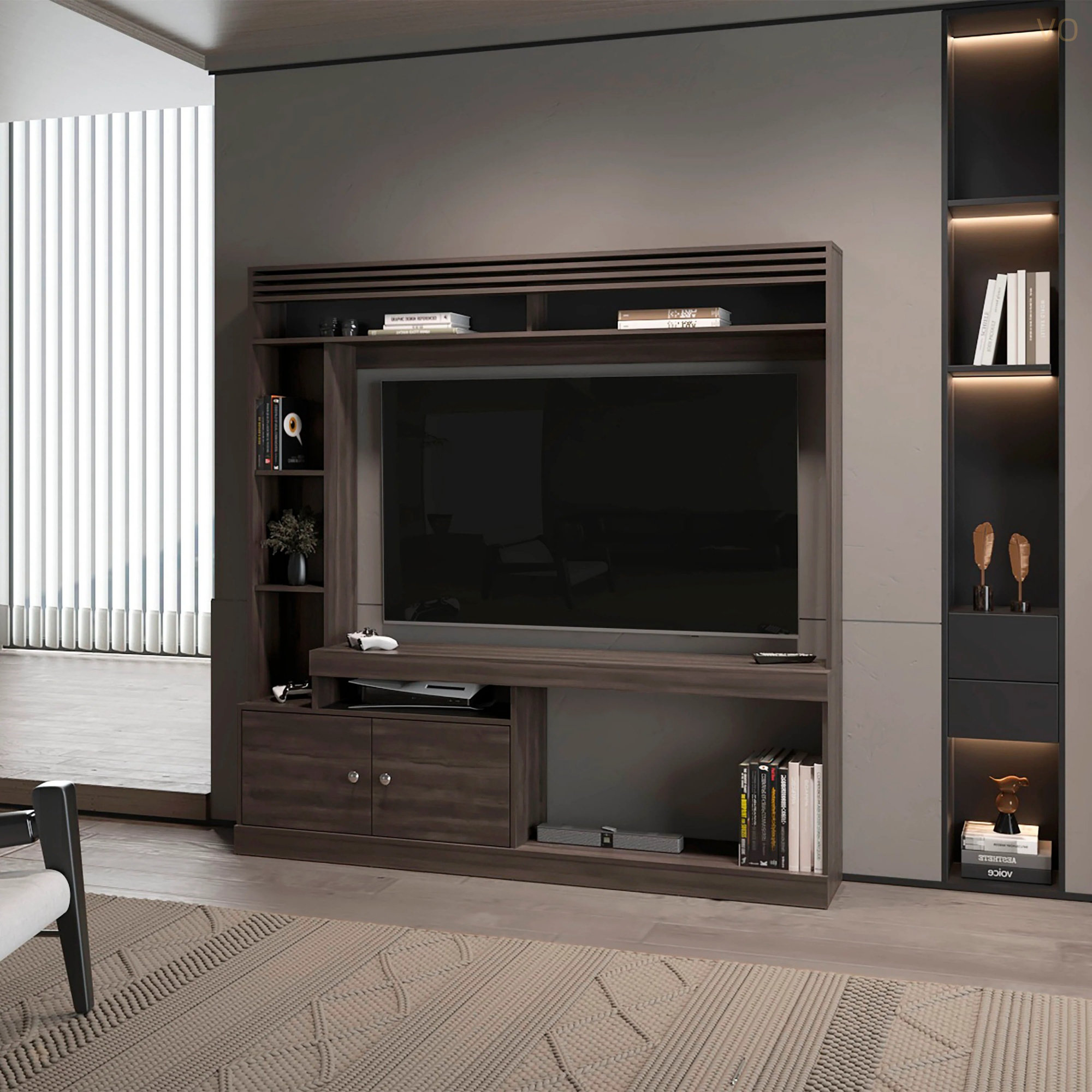 Hokku Designs Stained Walnut Entertainment Center With 2-Door And Open Storage | Wayfair