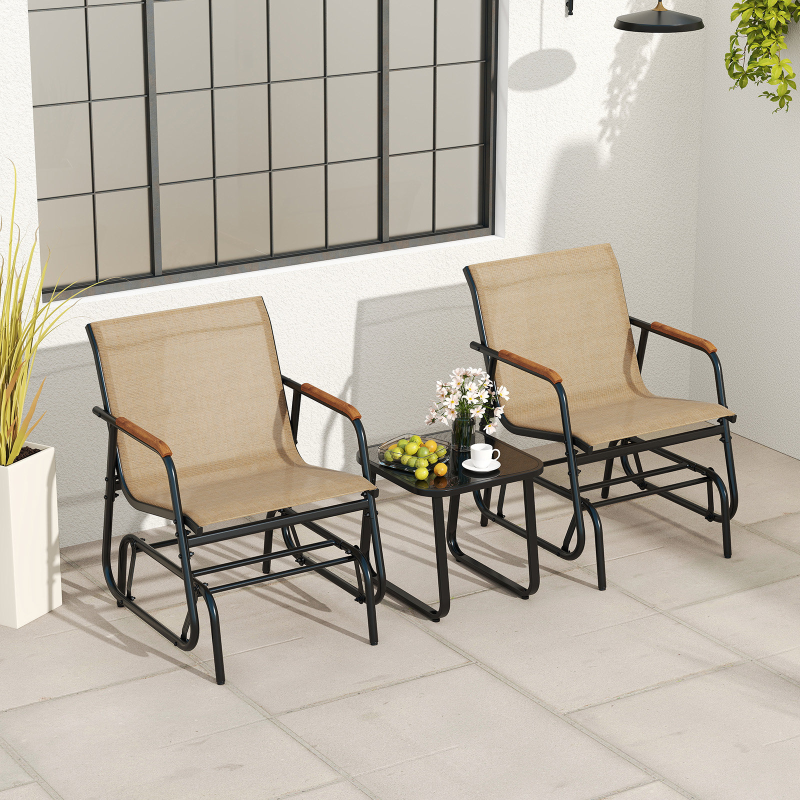 Ebern Designs 3 Piece Outdoor Gliding Set w/ Tempered Glass Coffee ...
