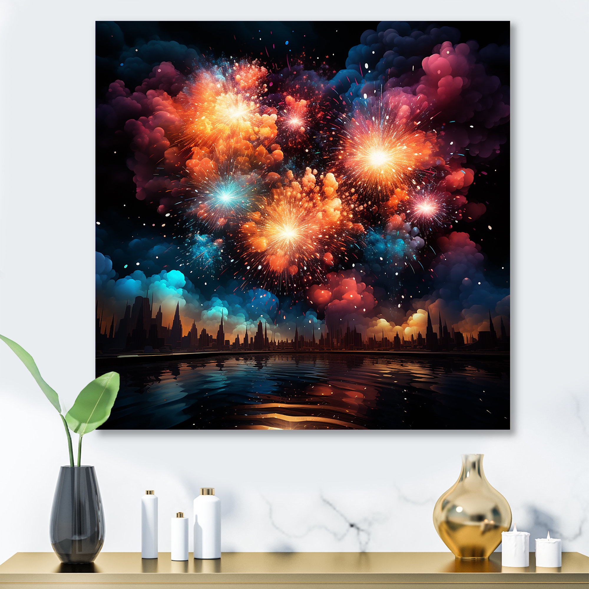 Lark Manor™ Colorful Fireworks Above The City At Night II - Fireworks ...