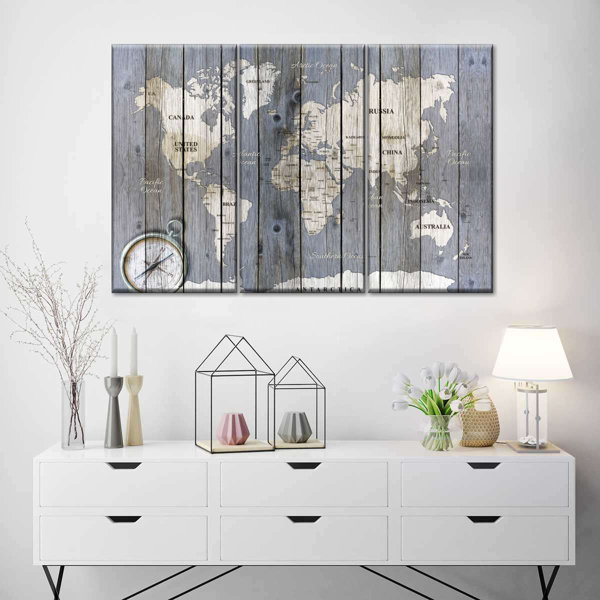Breakwater Bay Rustic Wood Map On Canvas 3 Pieces Set | Wayfair
