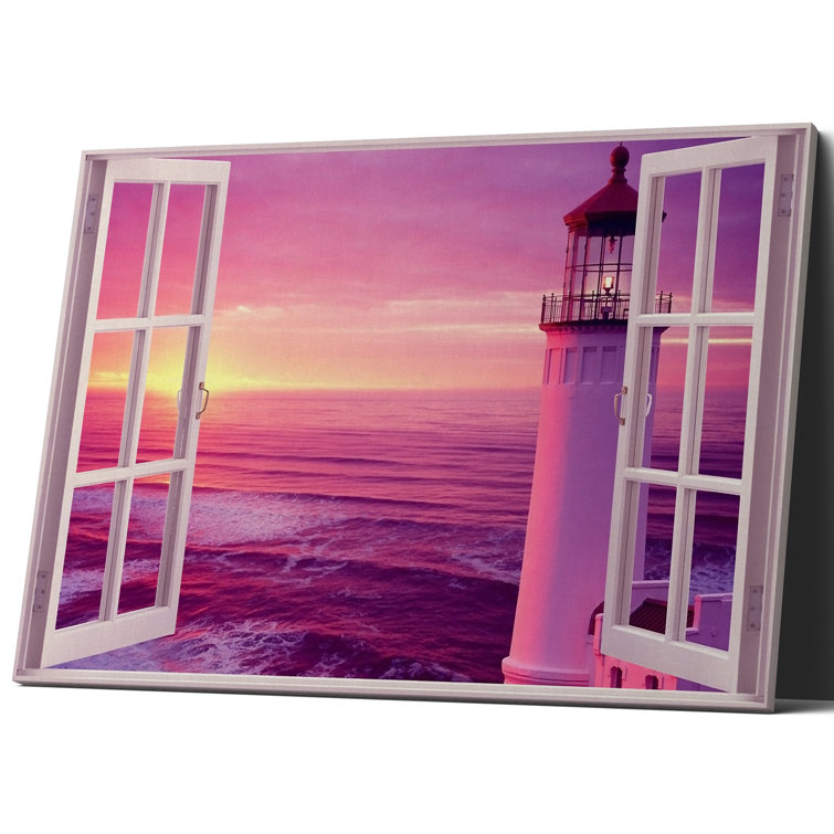 House of Hampton Sunset Lighthouse Through a Window View - Wrapped ...