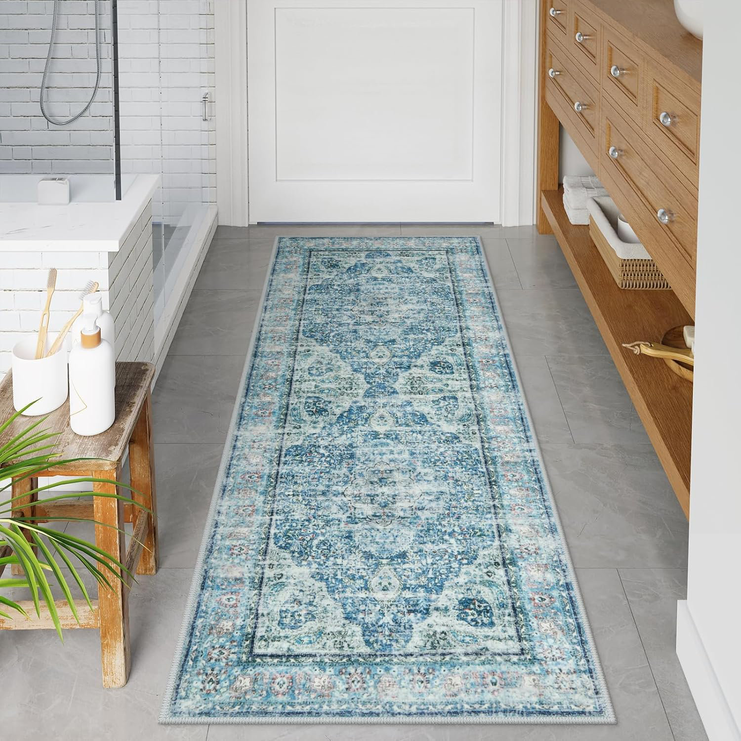 ChooChoo Bathroom Runner Rug, Distressed Tribal Farmhouse Light Blue ...