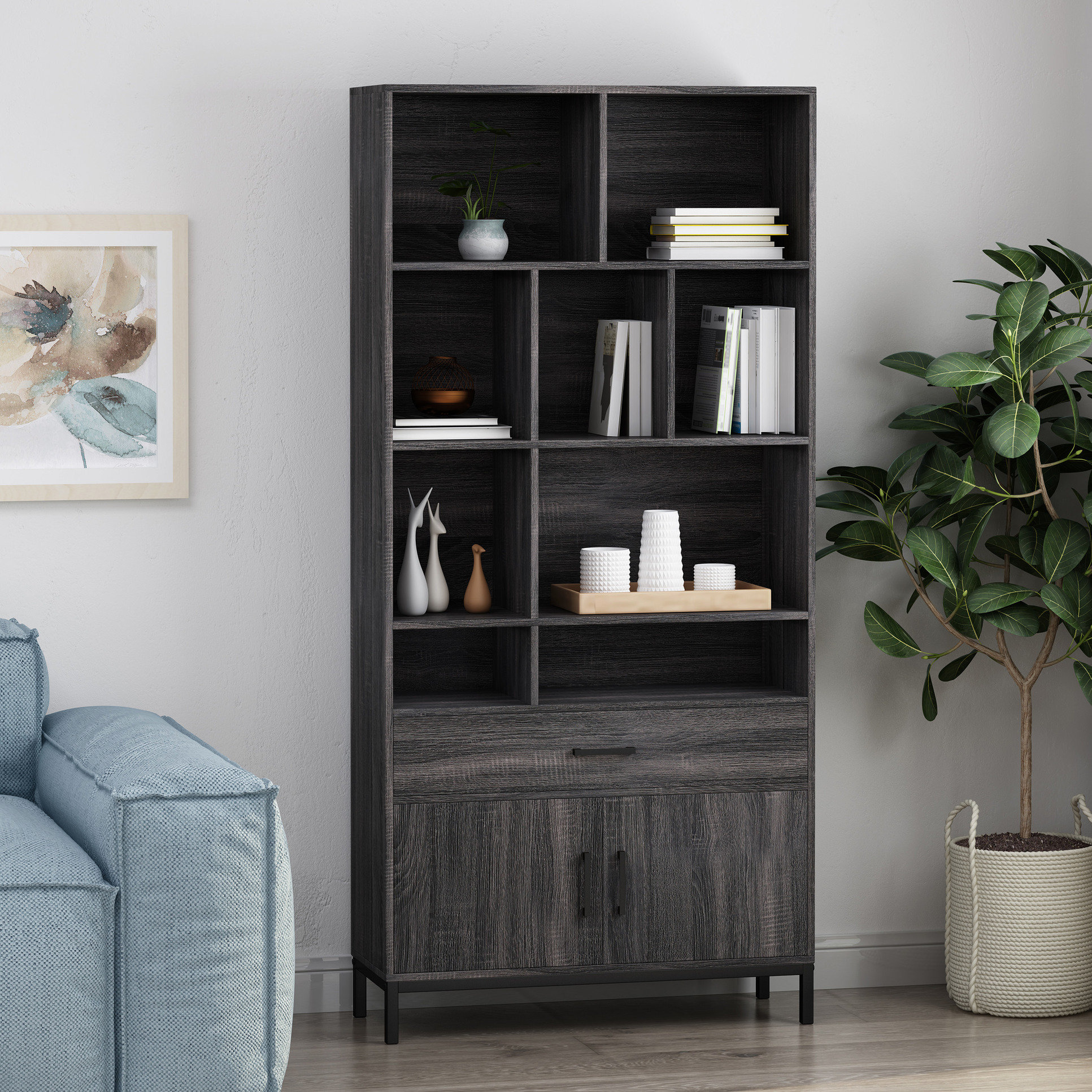 Banior Grey Cube Unit Bookcase For Bedroom - Faux Wood And Iron ...