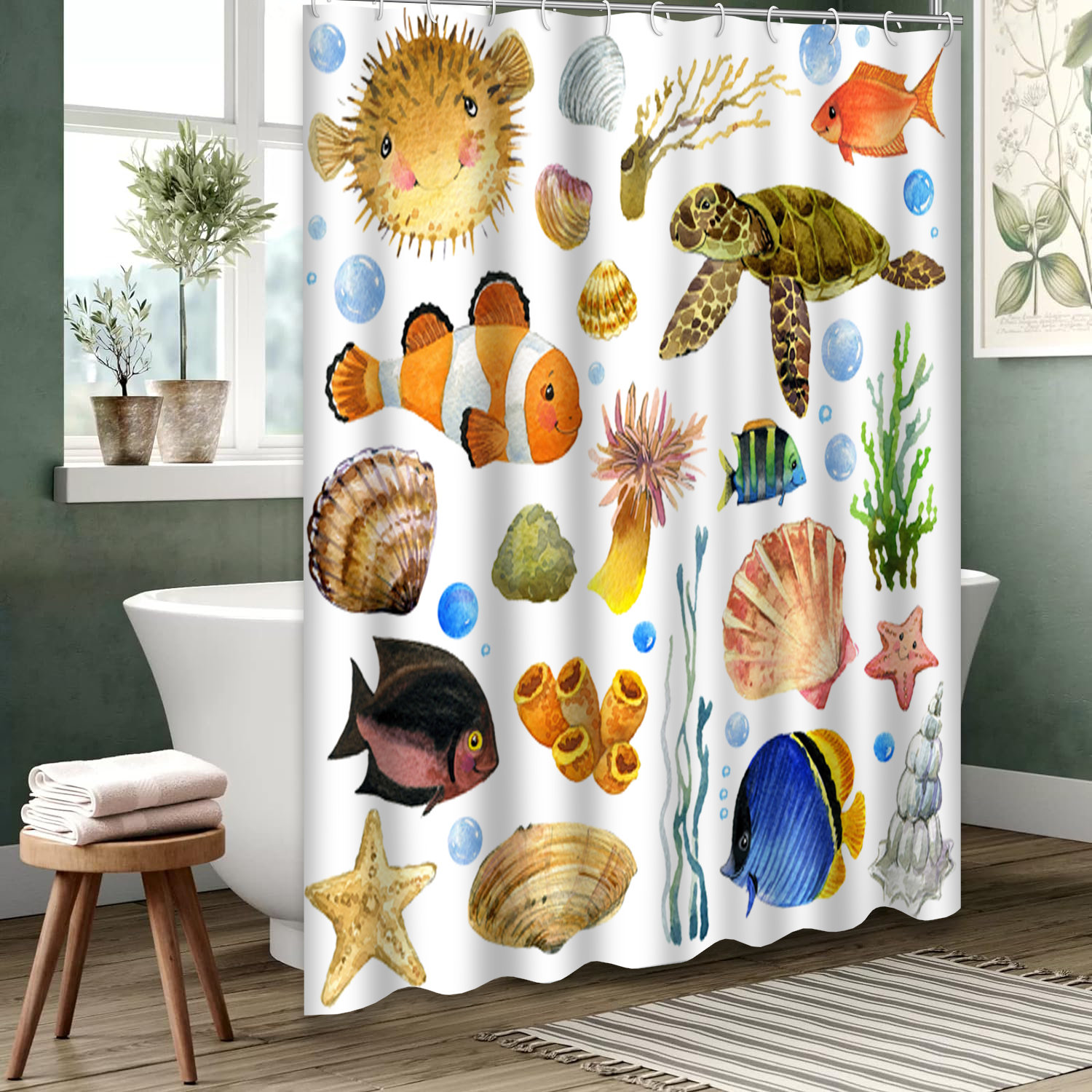 East Urban Home Coral Waterproof Shower Curtain,Exotic Fish Reef ...