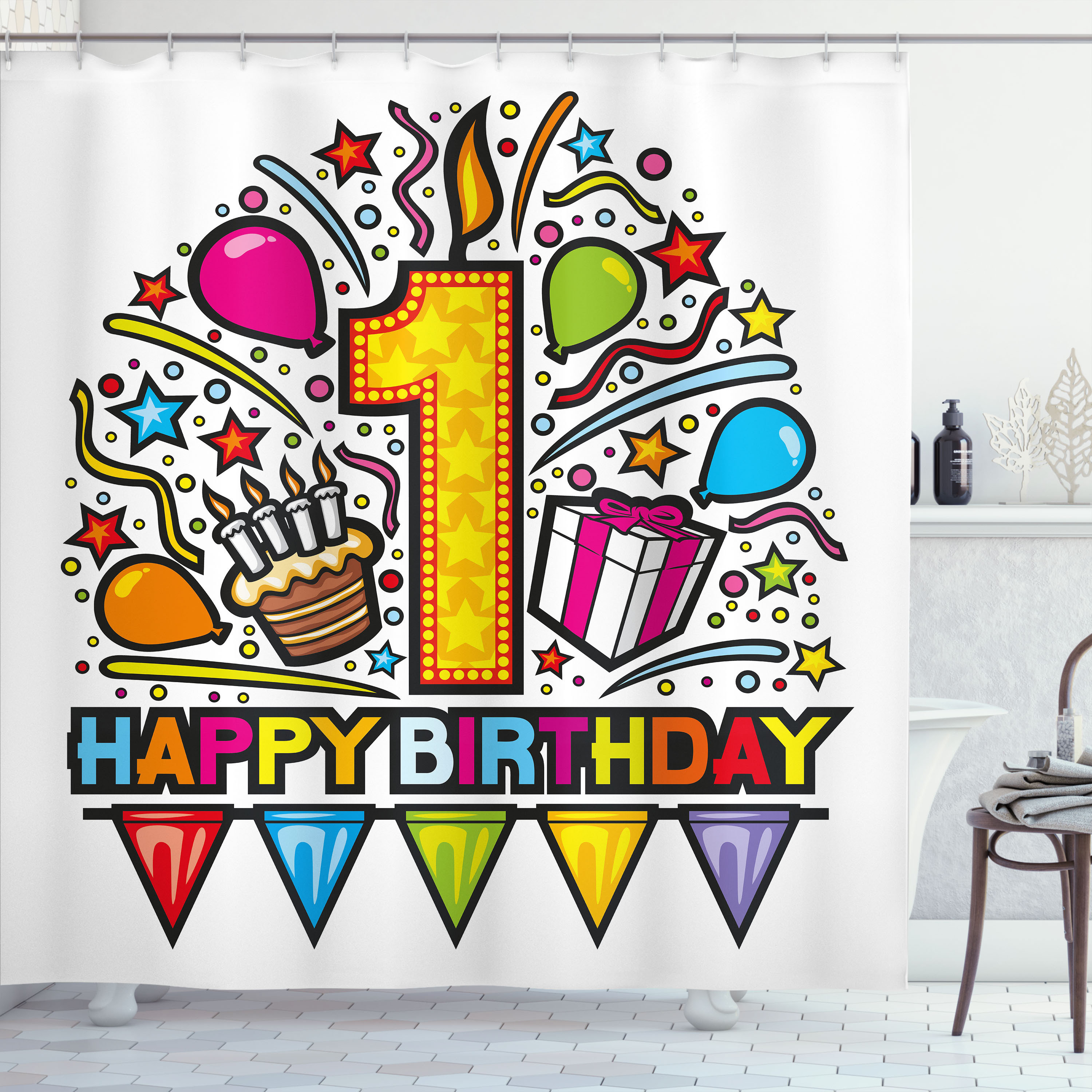 The Party Aisle™ Birthday Shower Curtain Pop Art Style Party Multicolor ...