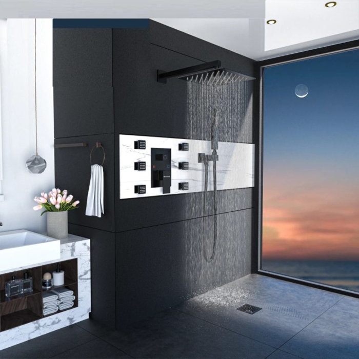 Juno Showers Juno Commercial Black Finish Wall Mounted Shower Set With ...