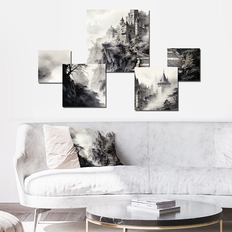 Lark Manor™ Grey Foggy Fairytale Castle - Fantasy Square Wall Art Set ...