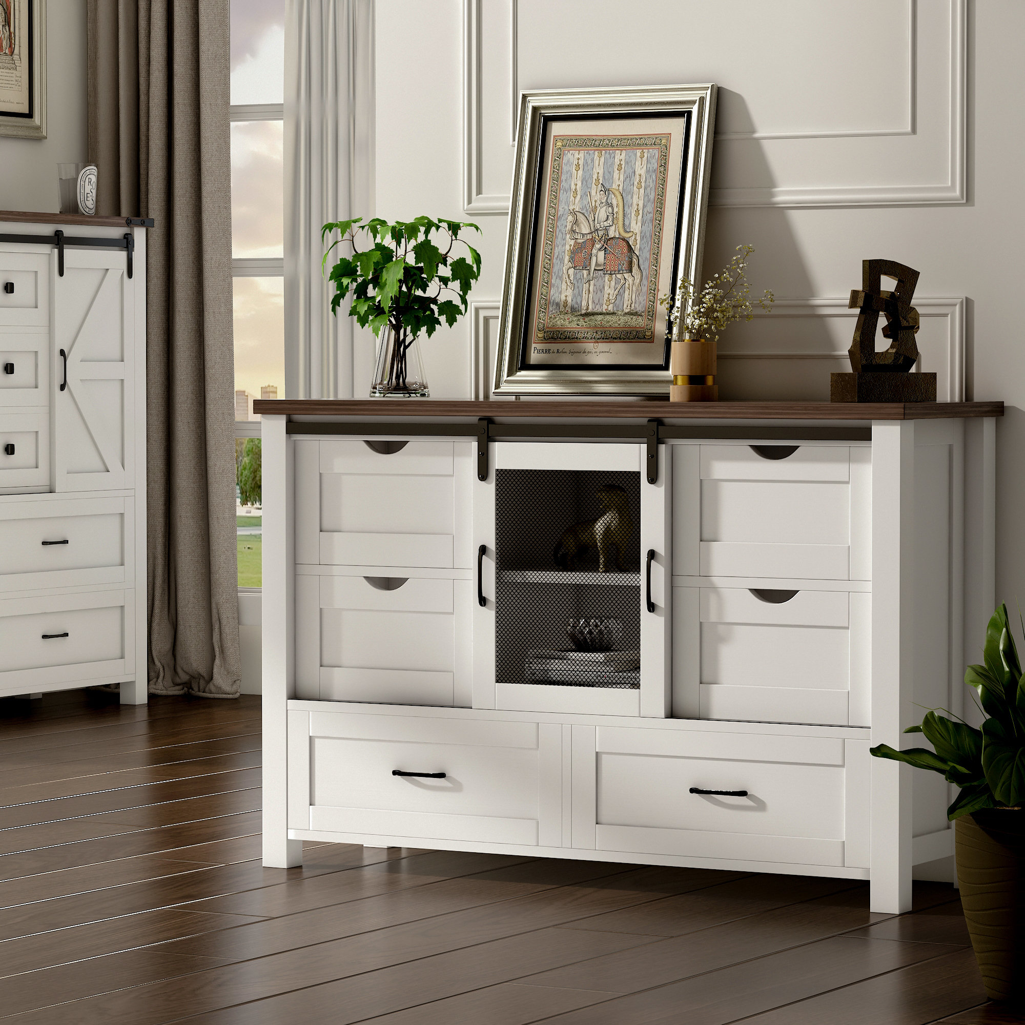 Gracie Oaks Kalpadma 48" Farmhouse Dresser & Sliding Barn Doors ...