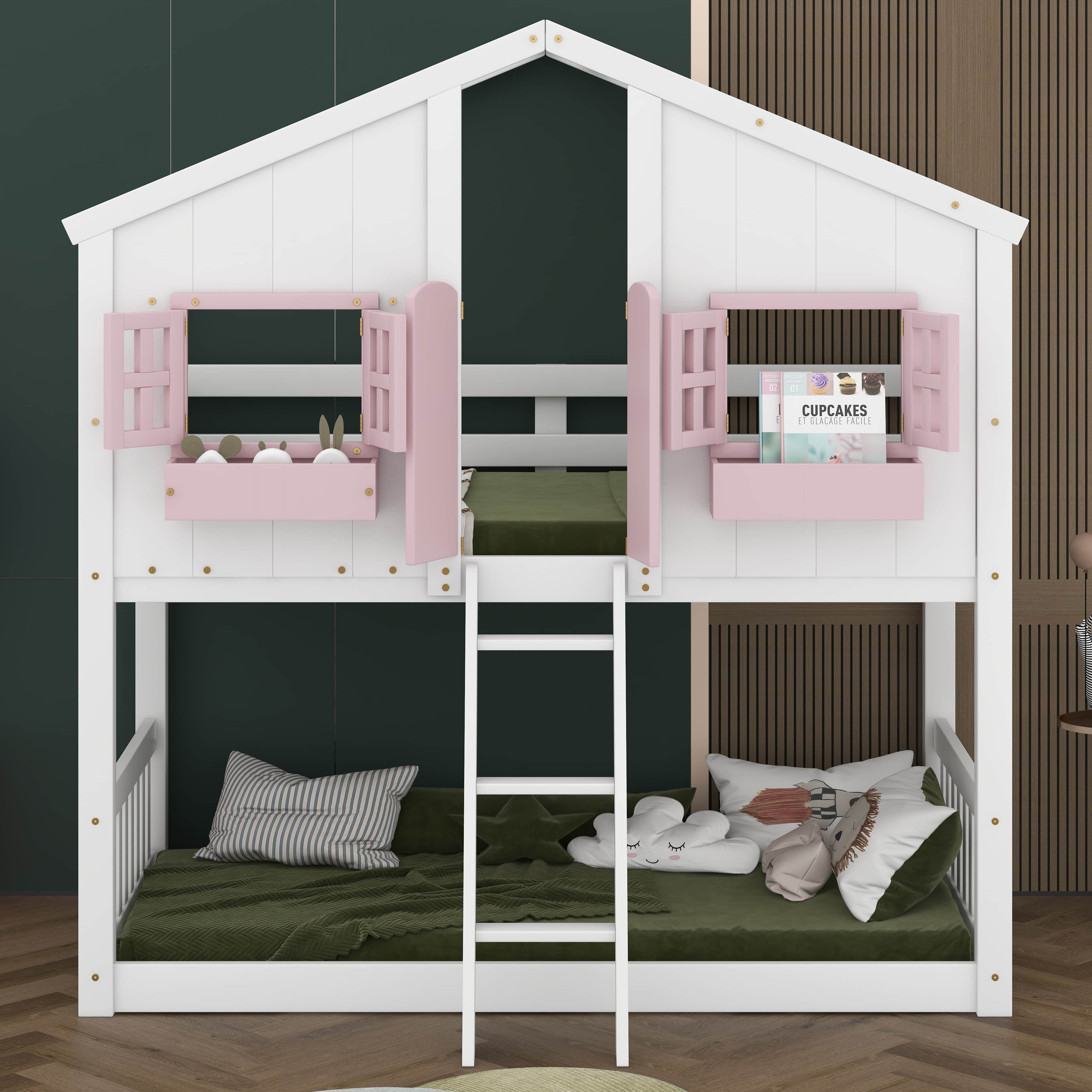 Ophelia & Co. Twin Over Twin House Bunk Bed With Roof , Window, Window ...
