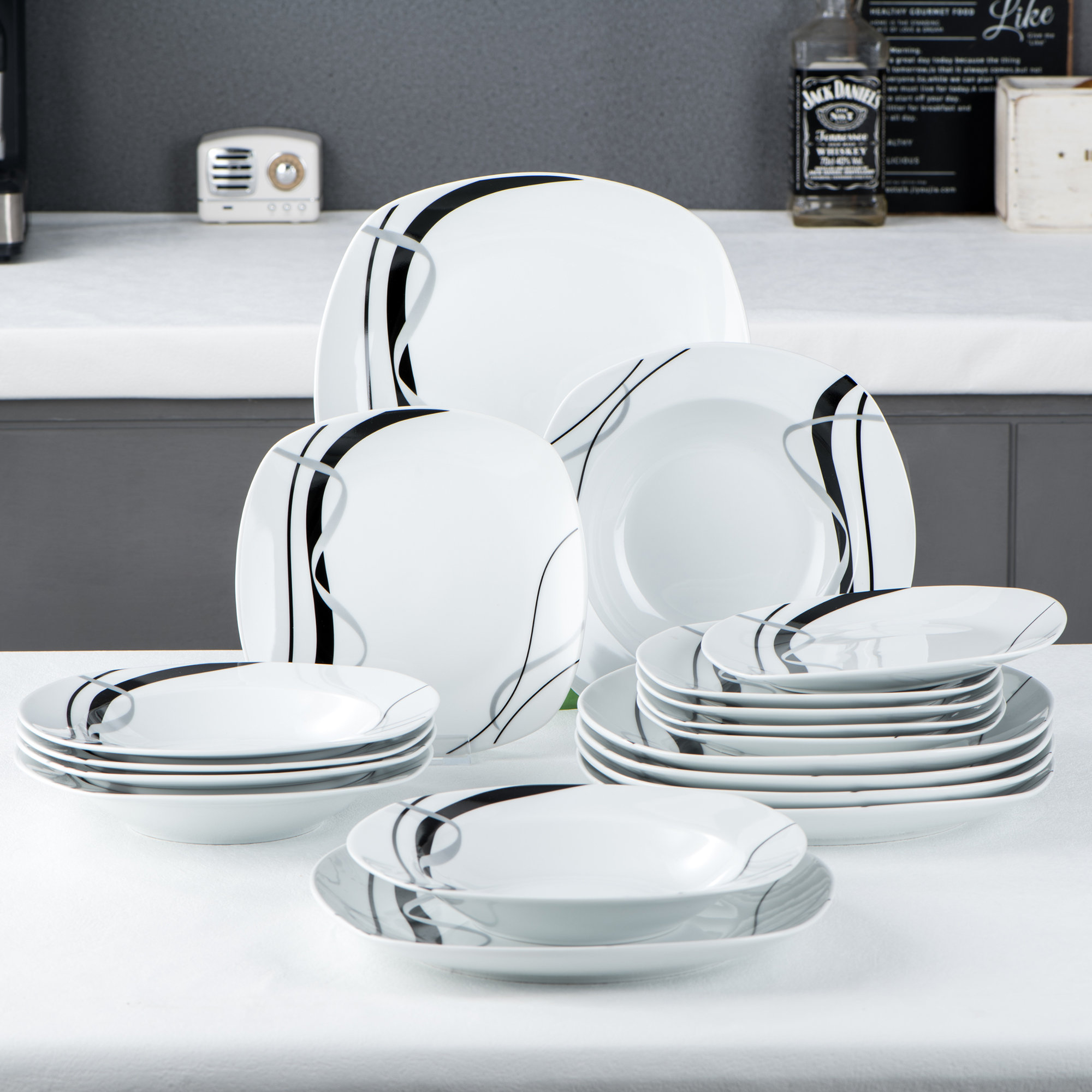 MALACASA Fiona 18 Pieces Porcelain Square Black and White Dinnerware ...