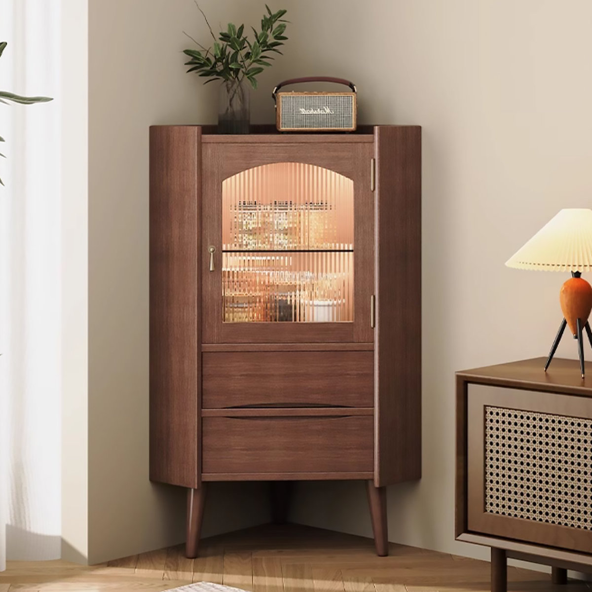 Orren Ellis Minimalist Retro Brown Solid Wood Triangular Corner Cabinet ...