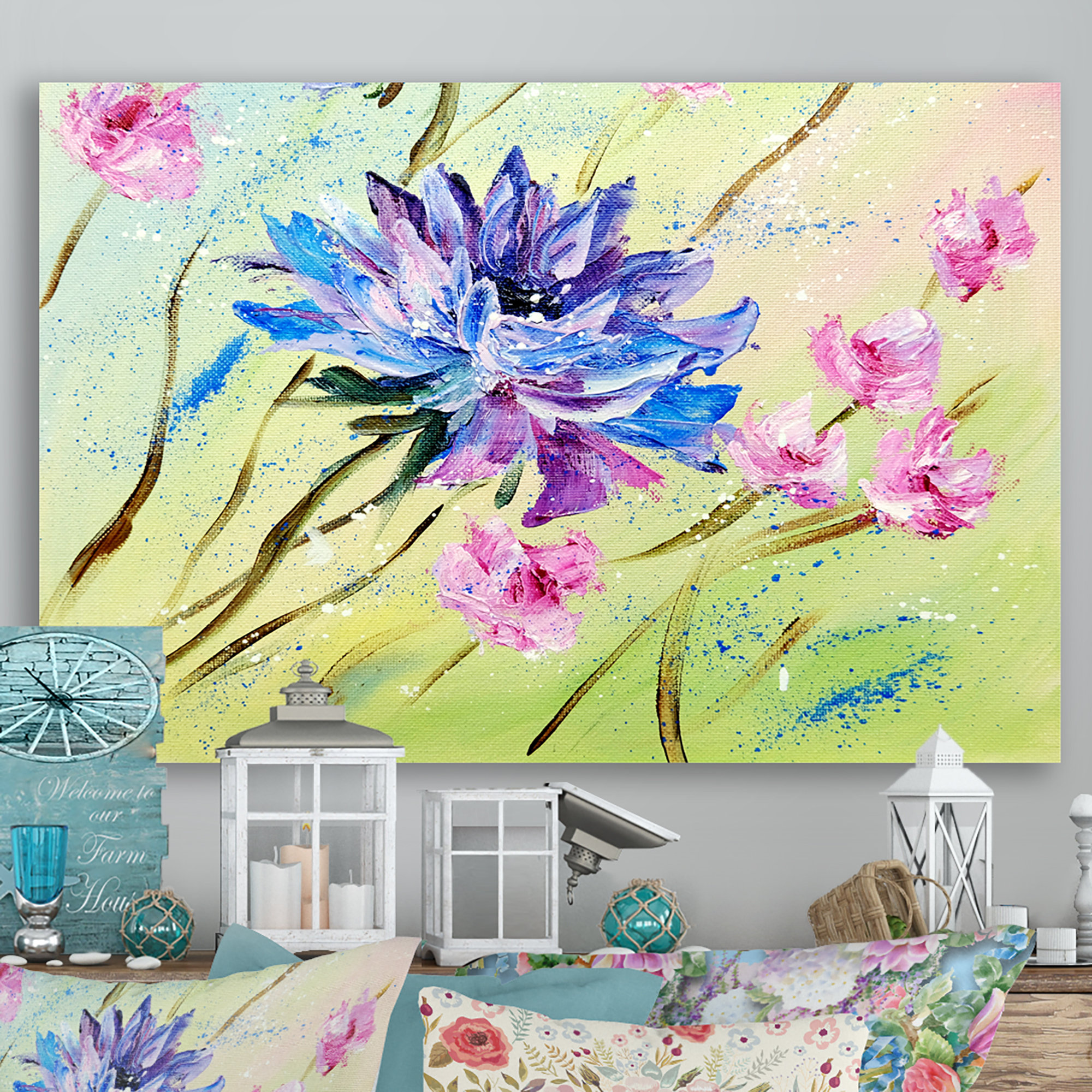 Bungalow Rose Modern Pink And Blue Spring Flowers - Traditional Canvas ...