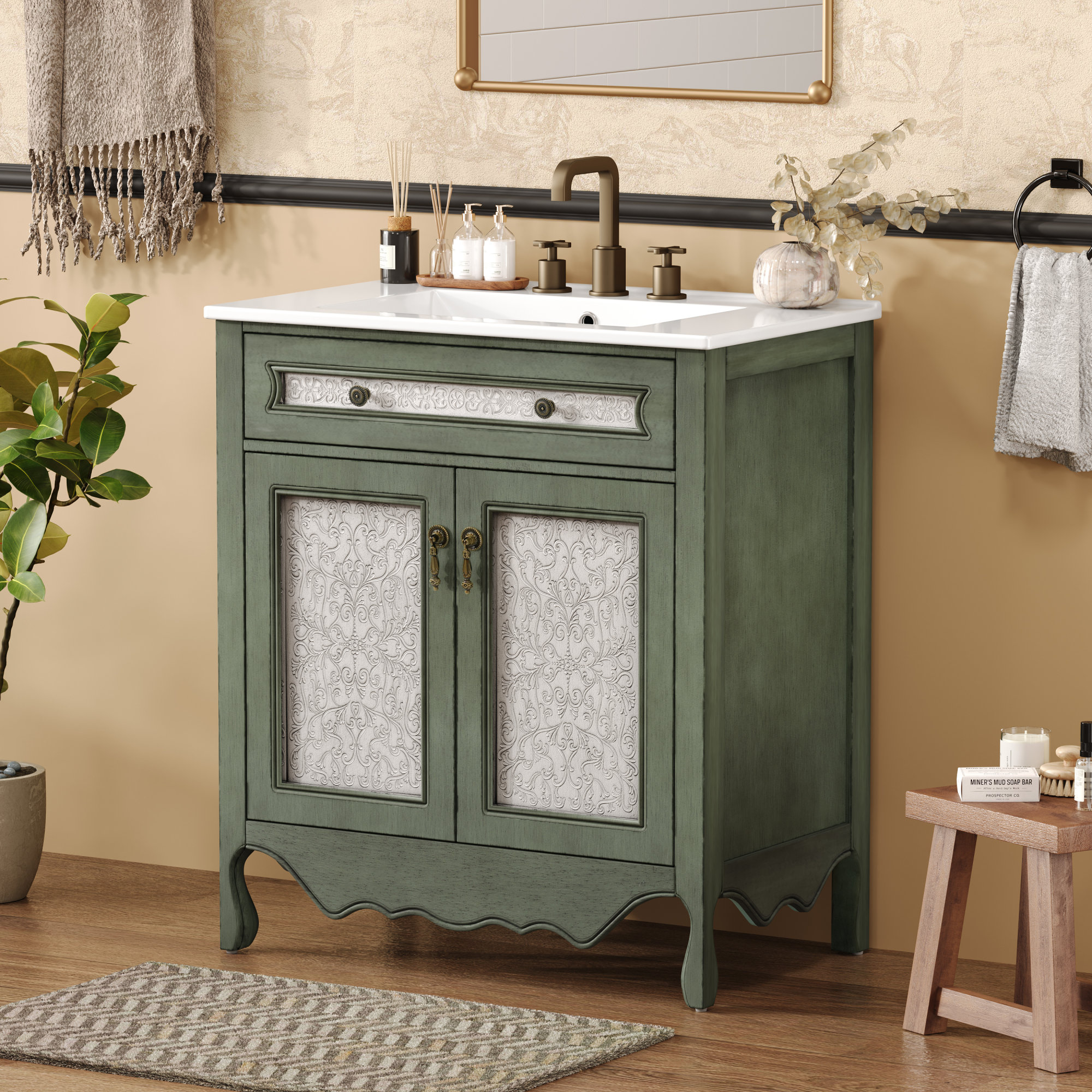 Alcott Hill® Antique Pattern Bathroom Vanity with Ceramic Sink and ...