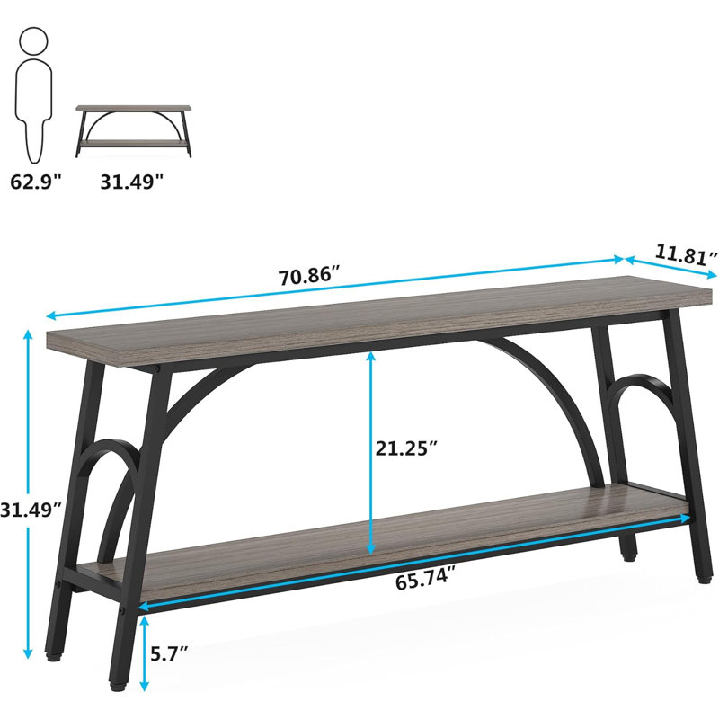 17 Stories 70.8 -inch sofa table, 2 -story TV rack, with black steel ...