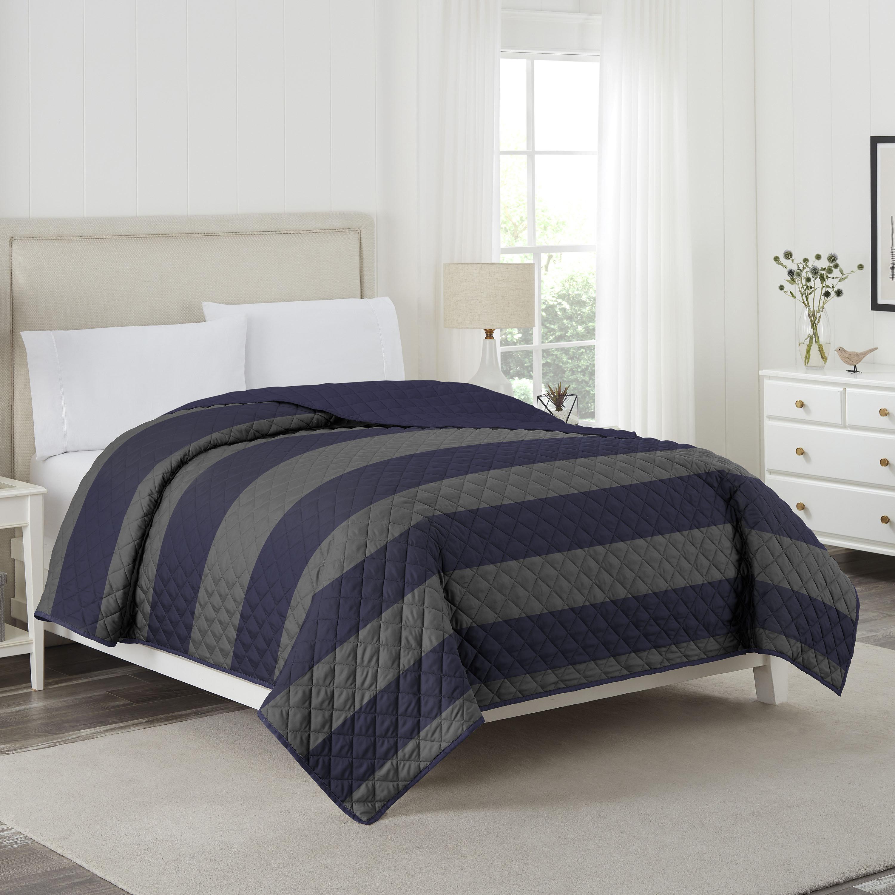 Martex Reversible Graphite/Navy Rugby Stripe Coverlet | Wayfair