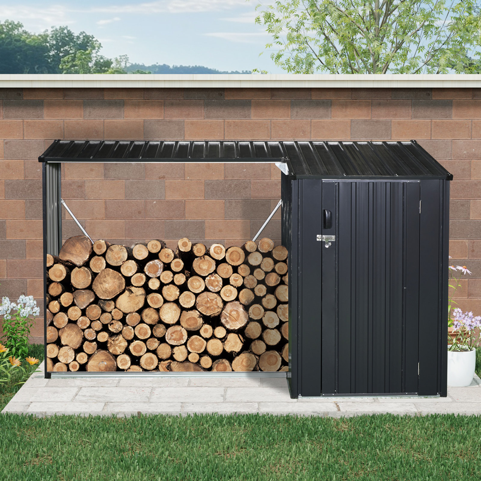 HOA.WWC Outdoor Metal Firewood Rack And Storage Shed Black | Wayfair