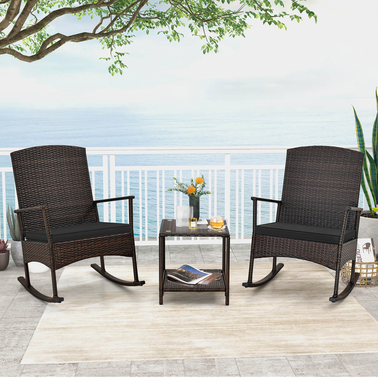 Winston Porter 3 PCS Patio Rocking Set Wicker Rocking Chairs with 2 ...