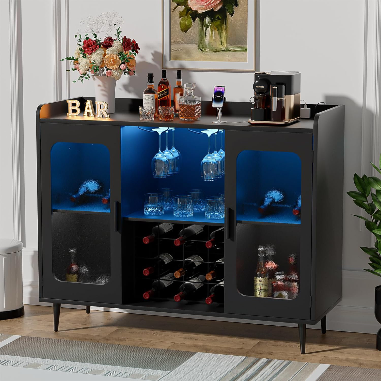 Ivy Bronx Kitron 40'' Wine Bar Cabinet with 4-Tier Storage for Glasses ...
