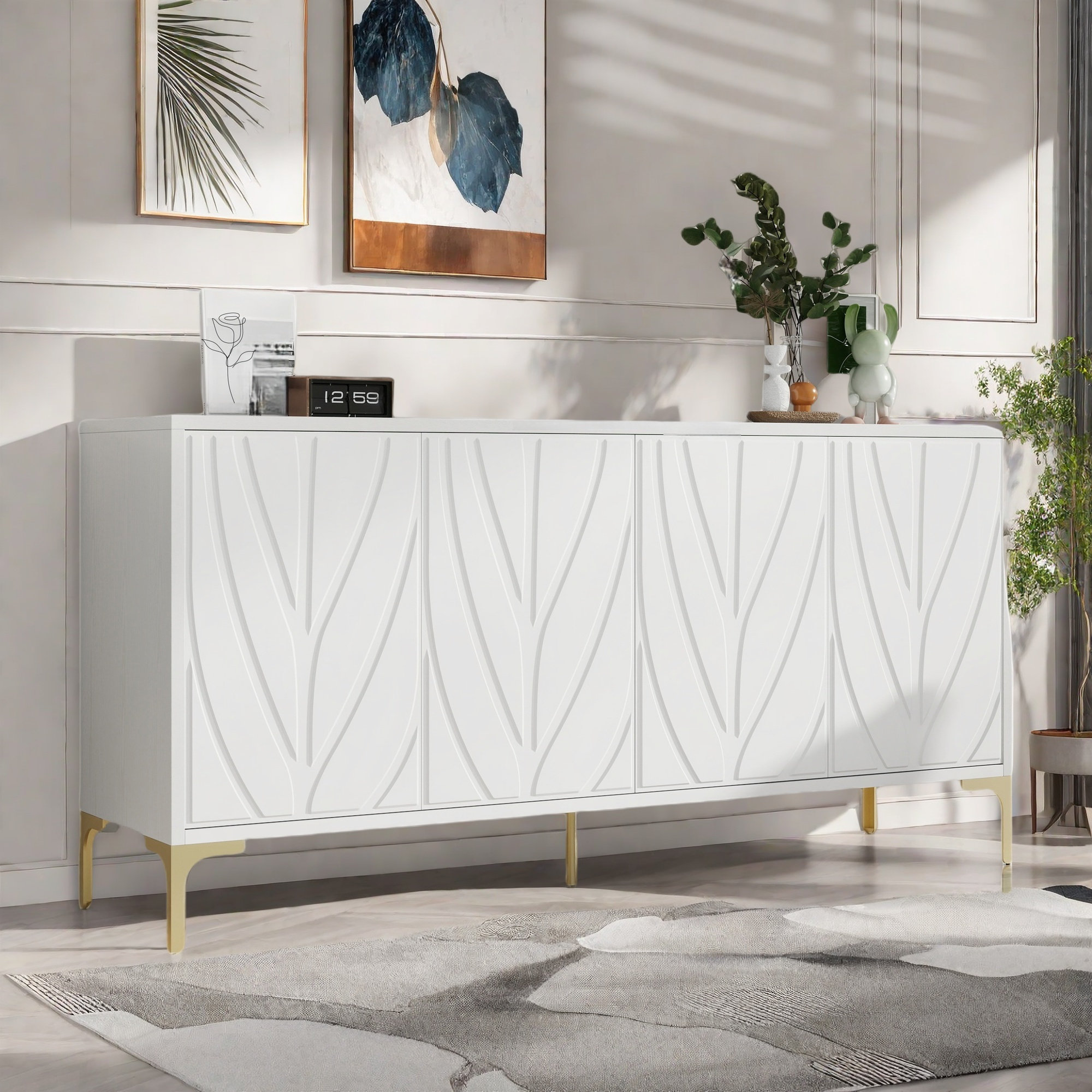 Mercer41 4 Doors Wood Sideboard With Adjustable Shelves, Leaf Texture ...
