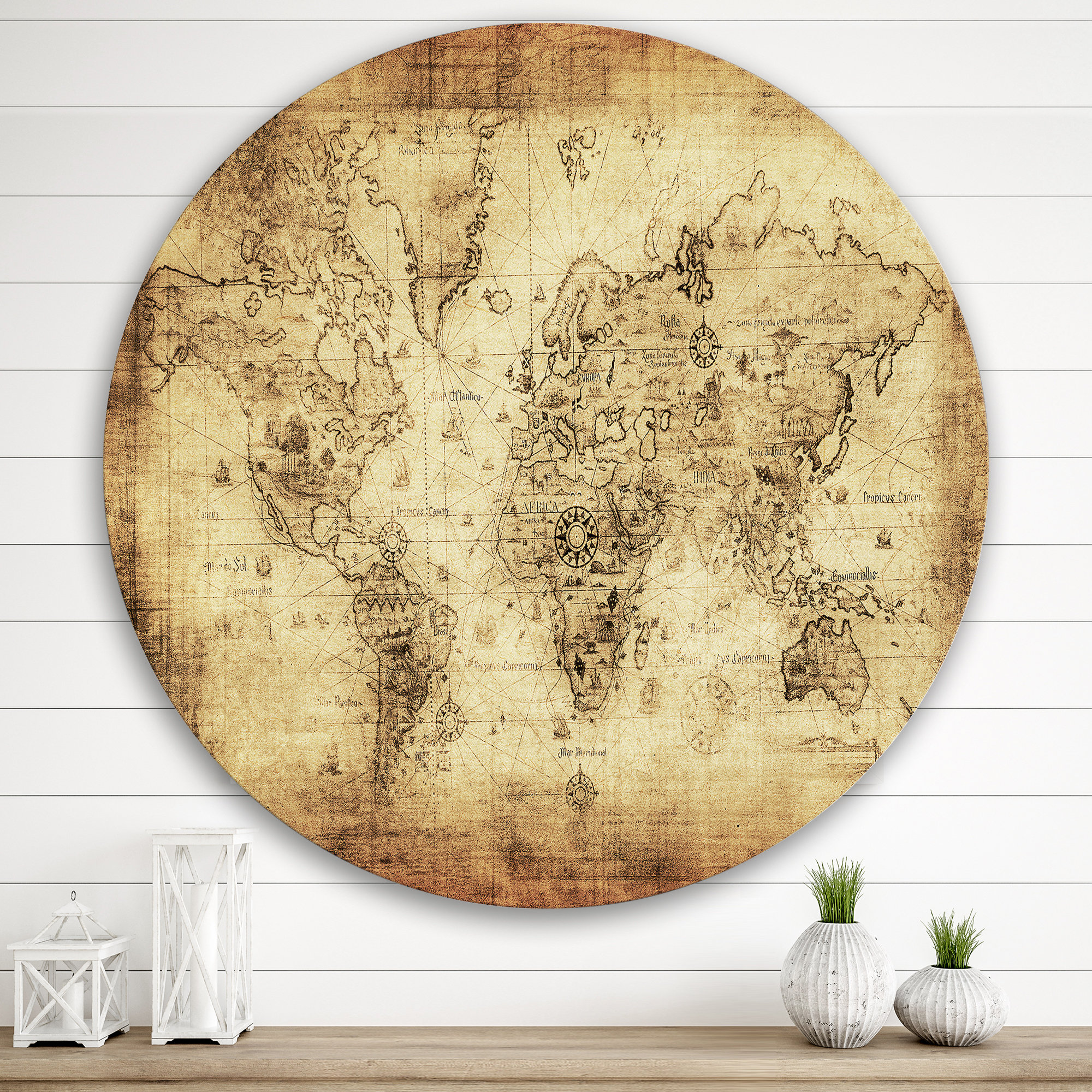 East Urban Home Ancient Map Of The World IV - Vintage Metal Circle Wall ...