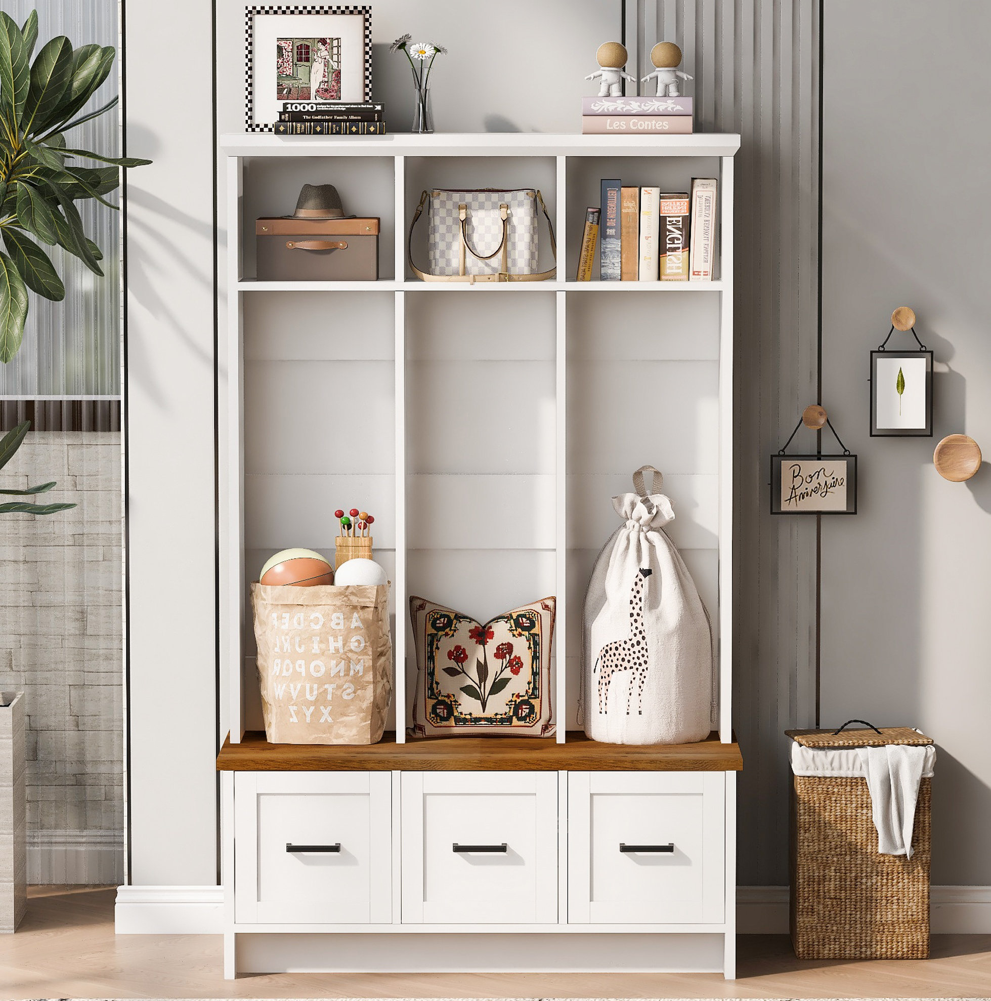Lark Manor U-Can Modern Hall Tree with Entryway Bench, 3 Shelves and ...