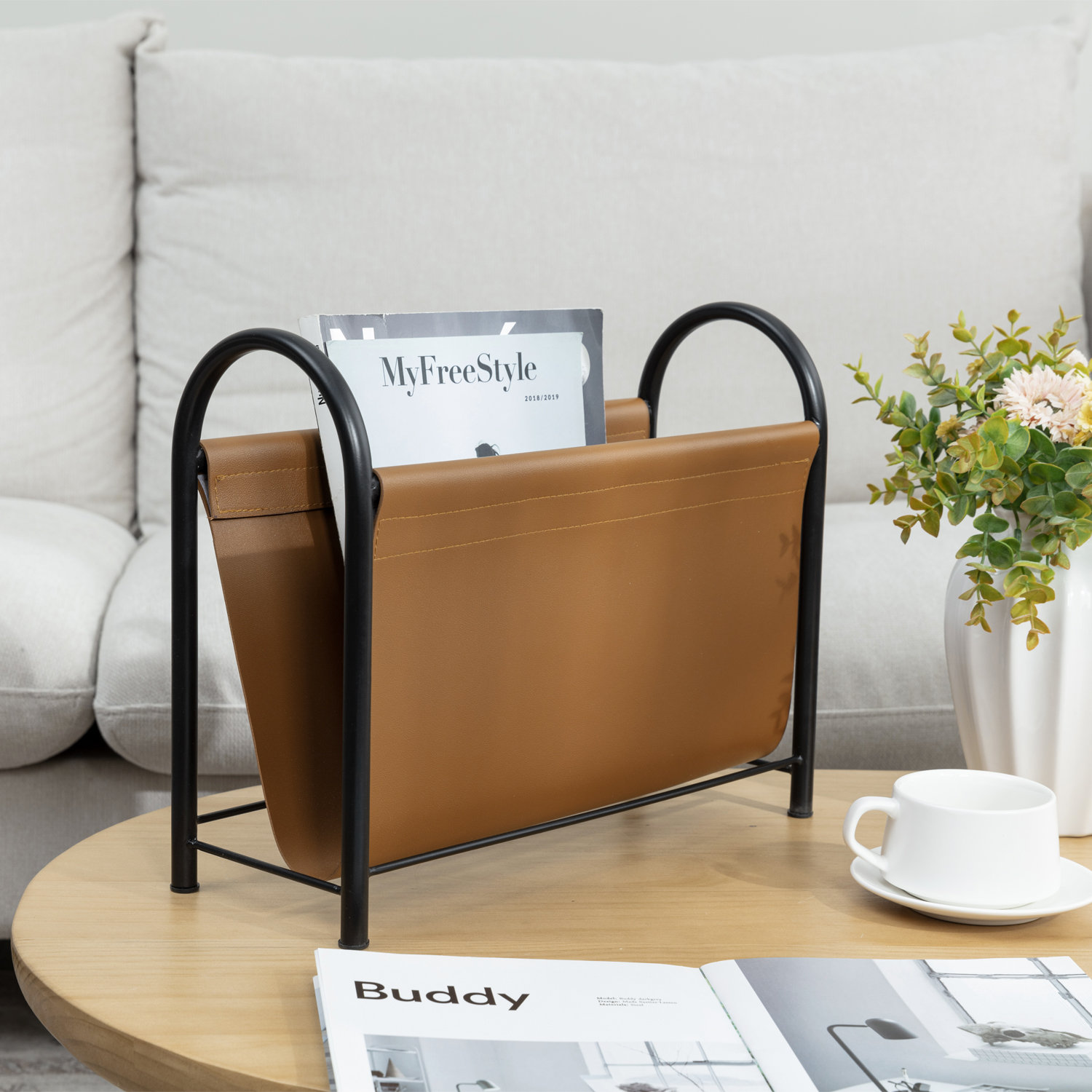 Ebern Designs Standing Metal Caramel Leatherette Magazine Rack | Wayfair