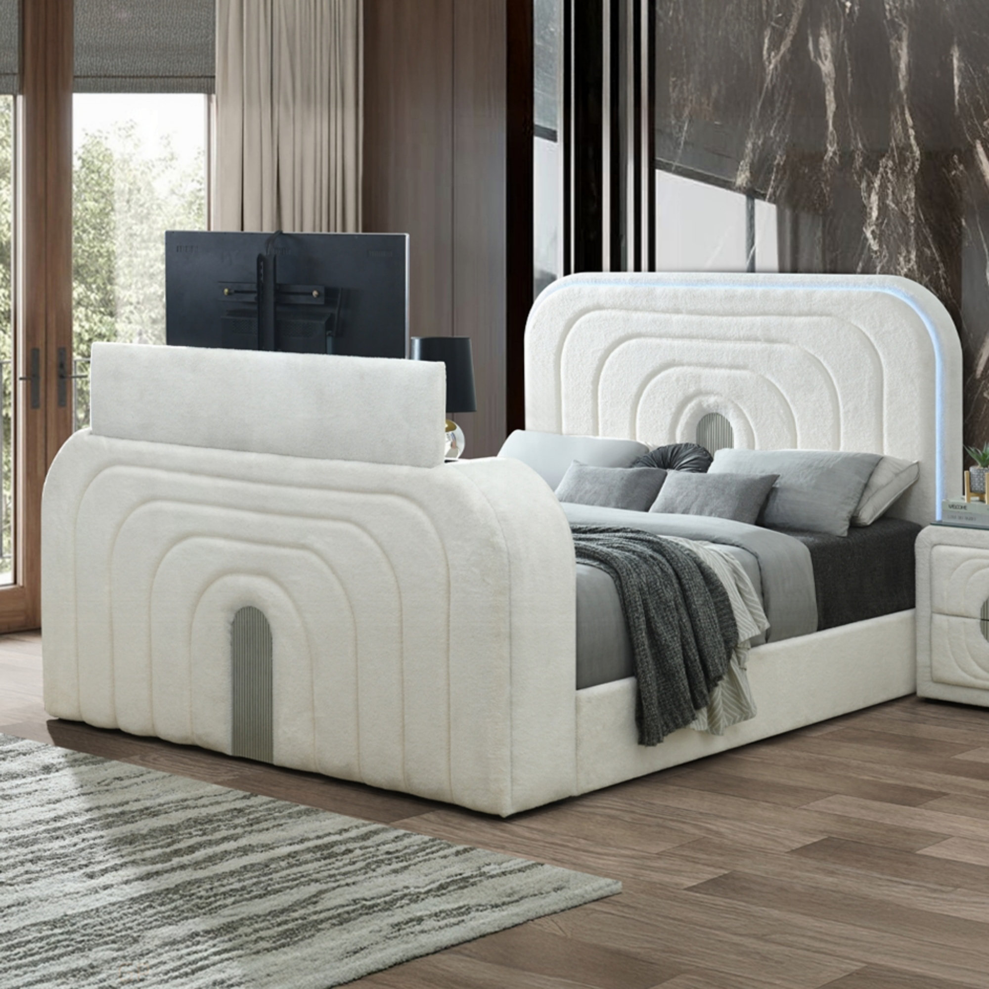 Brayden Studio® Teddy Sherpa & Chrome Queen Bed W/LED, TV Cabinet ...