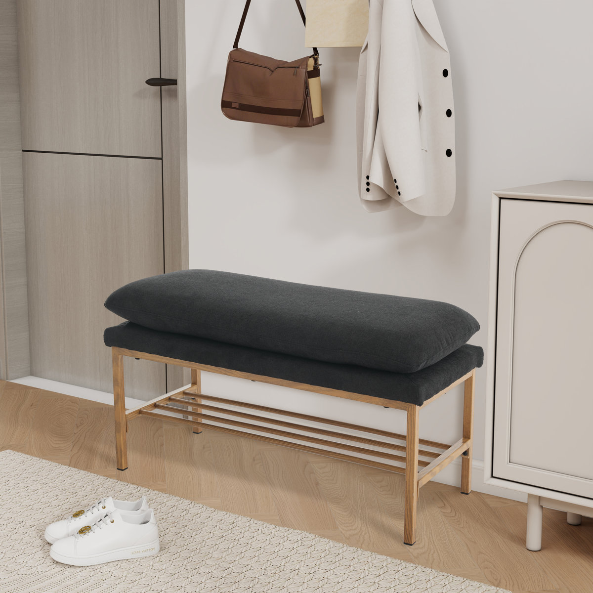 Mercer41 Upholstered Entryway Bench, Storage Shoe Bench With Shelf And ...