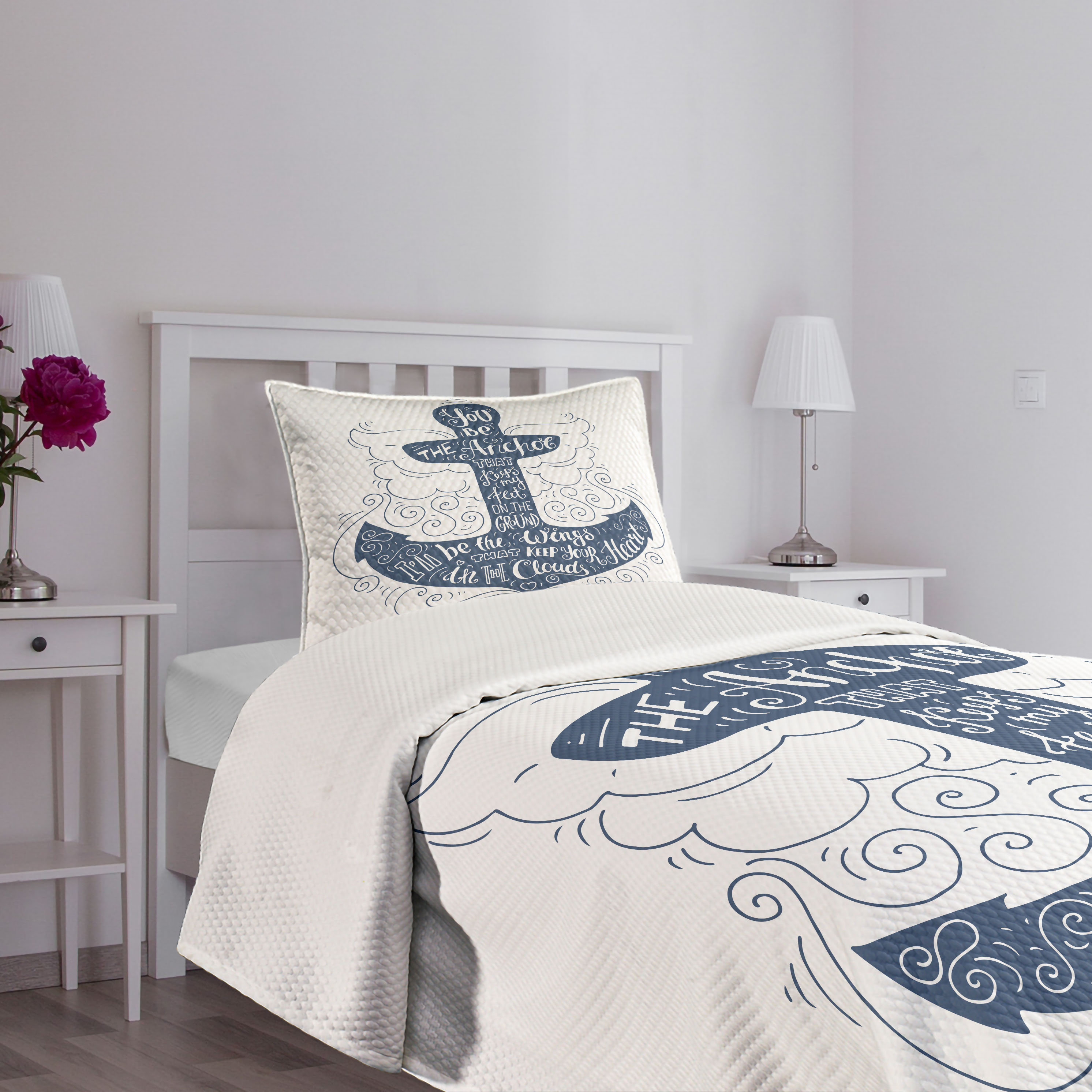 Ambesonne Anchor Bedspread Set Doodle Marine Motif Blue and White | Wayfair