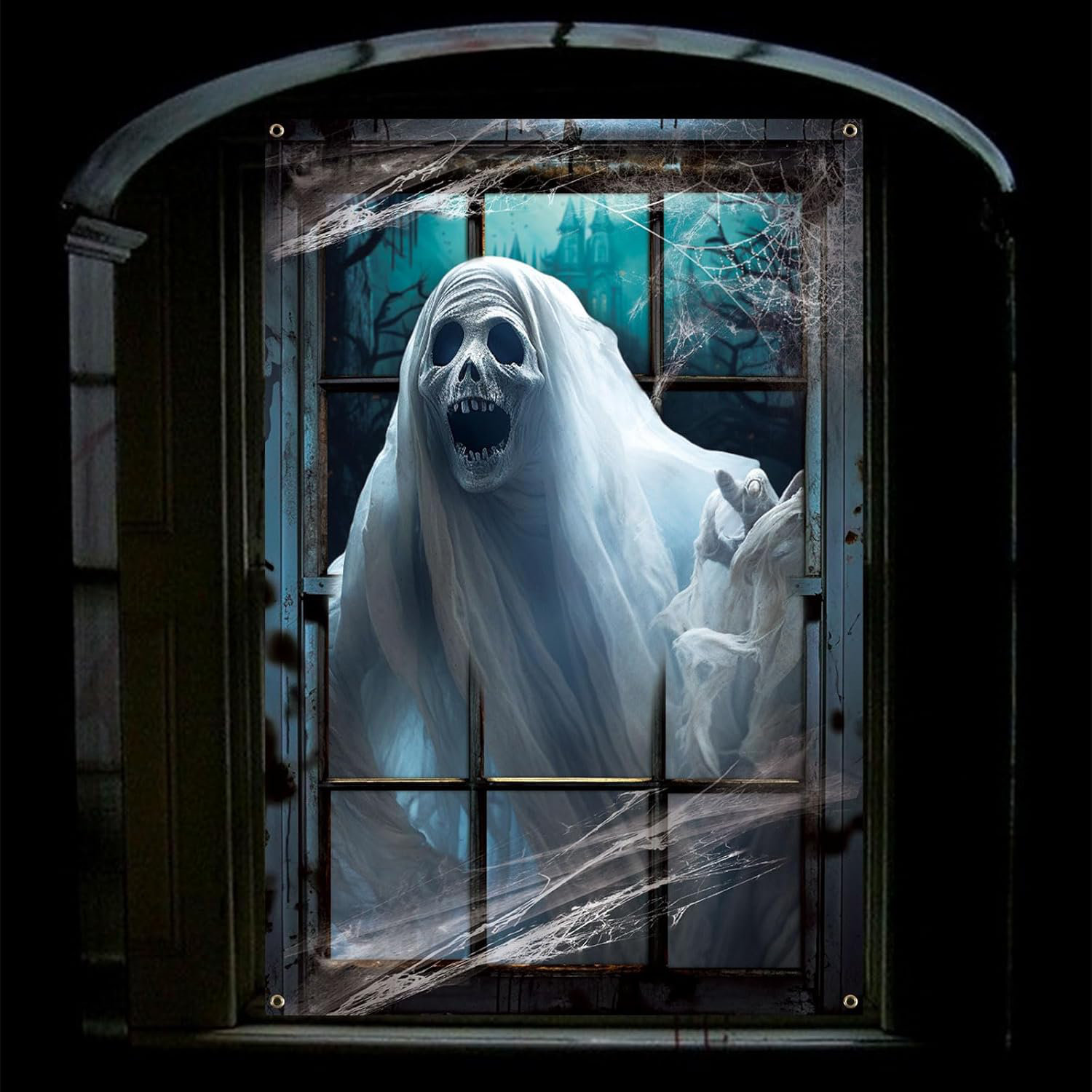 INKEDZ Large Spooky Halloween Window Cover - White Cloth Ghost Clings ...