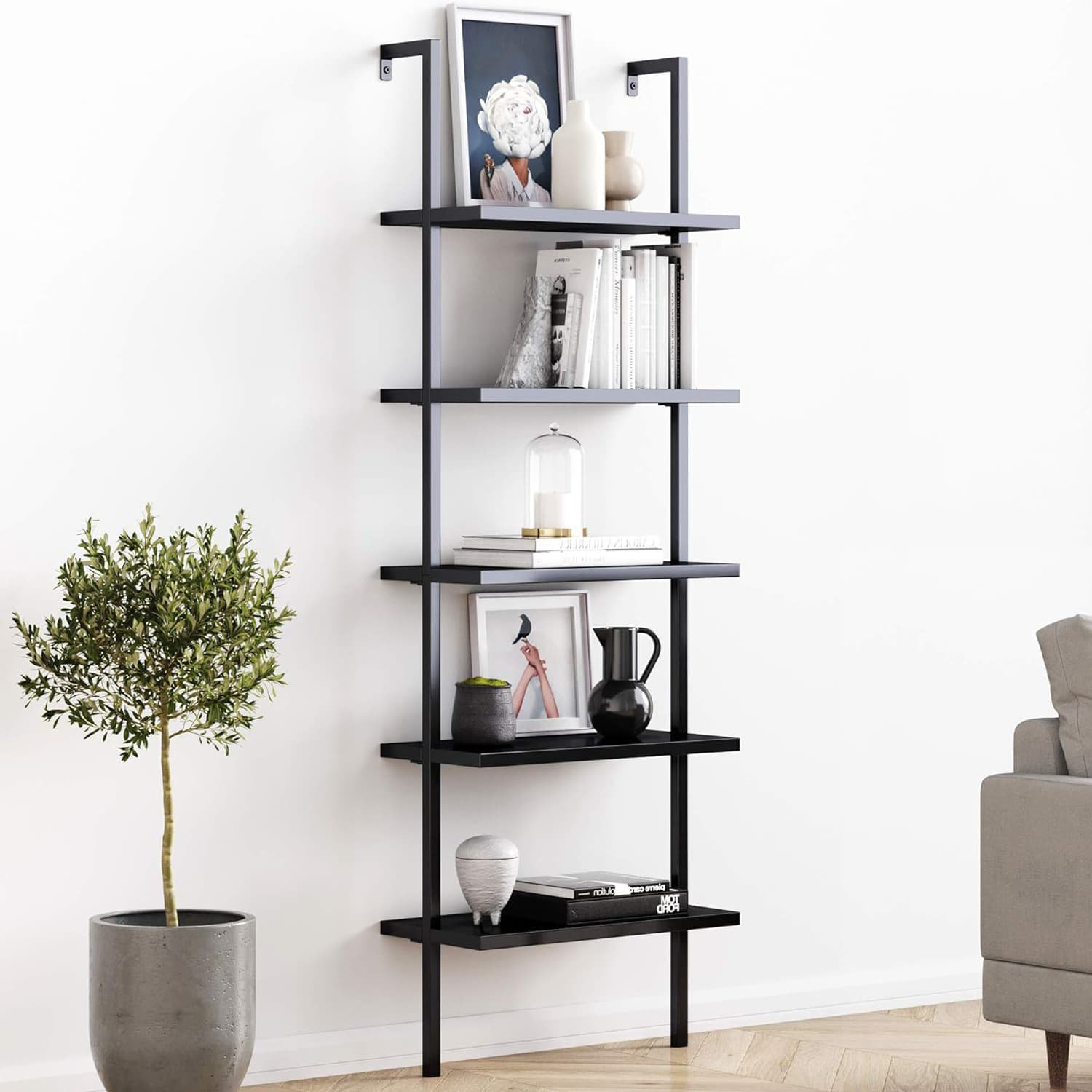 Latitude Run® 5-Storey Black Modern Bookcase, Open Wall-Mounted Ladder ...